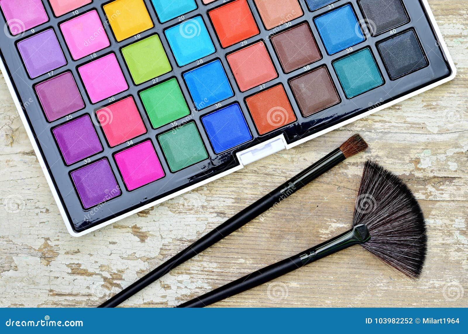 Different Makeup Cosmetics on Rustic White Wooden Table. Stock Photo ...