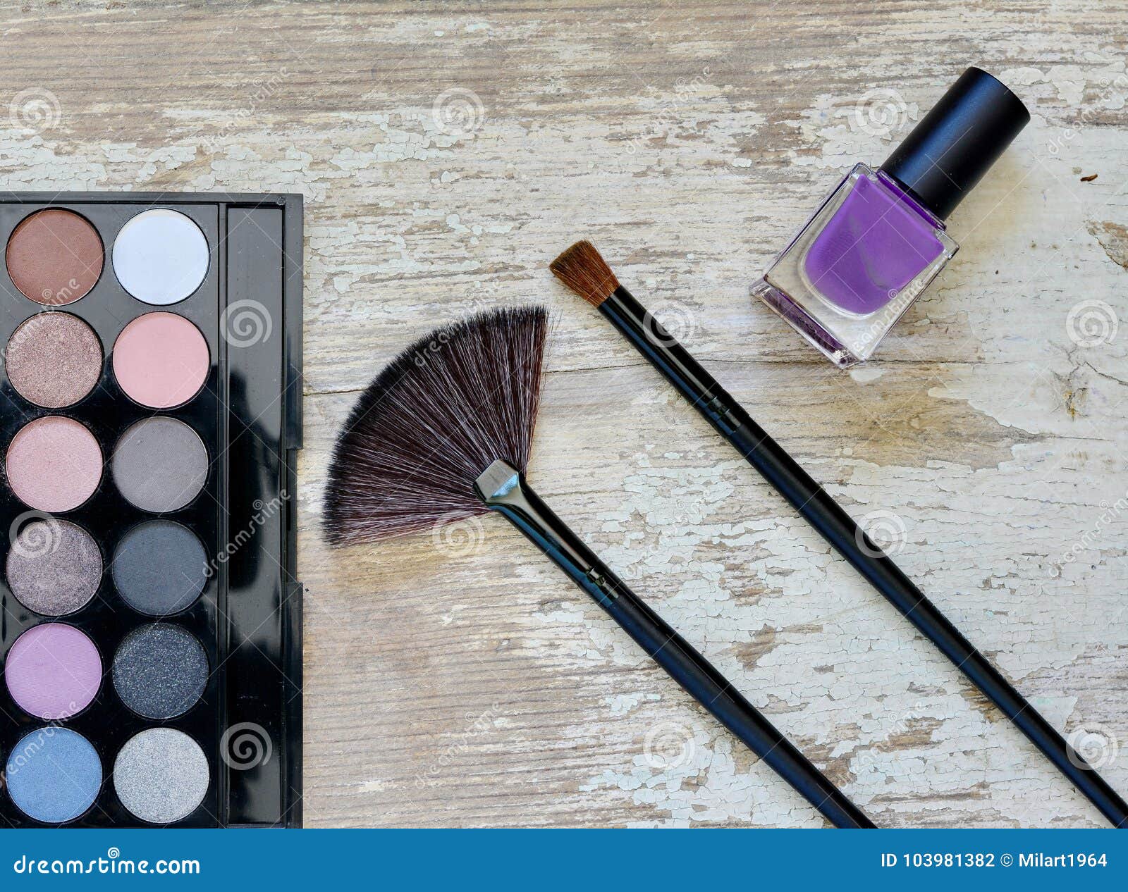 Different Makeup Cosmetics on Rustic White Wooden Table. Stock Photo ...