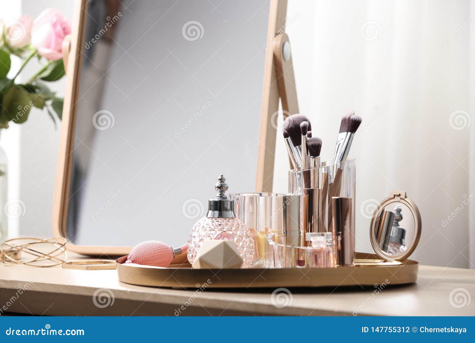 Different Makeup Products and Accessories on Dressing Table Stock Photo ...