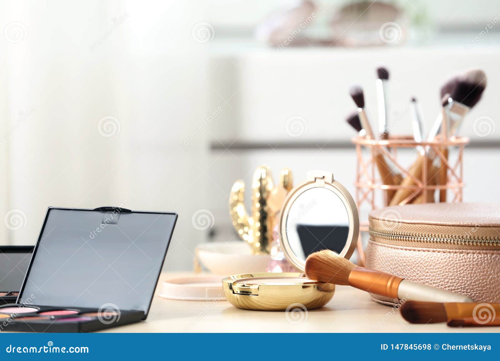 Different Makeup Products and Accessories on Dressing Table Stock Photo ...