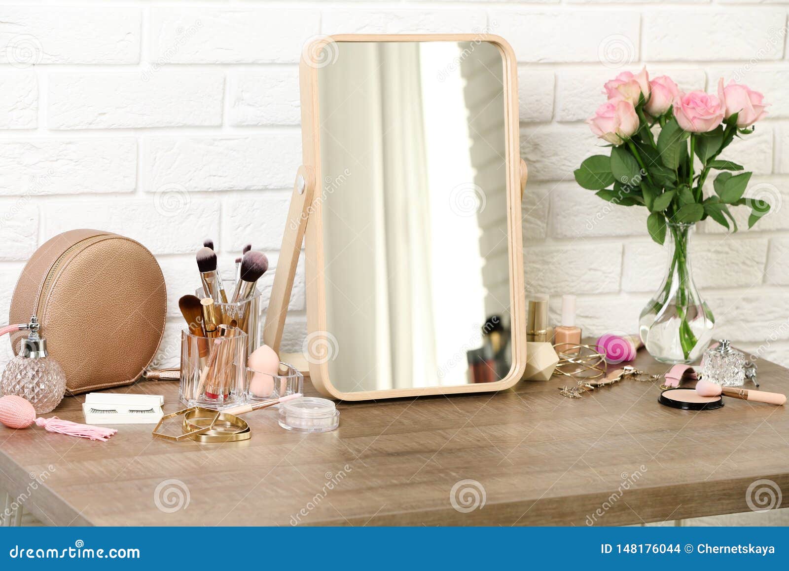 Different Makeup Products and Accessories on Dressing Table Stock Photo ...