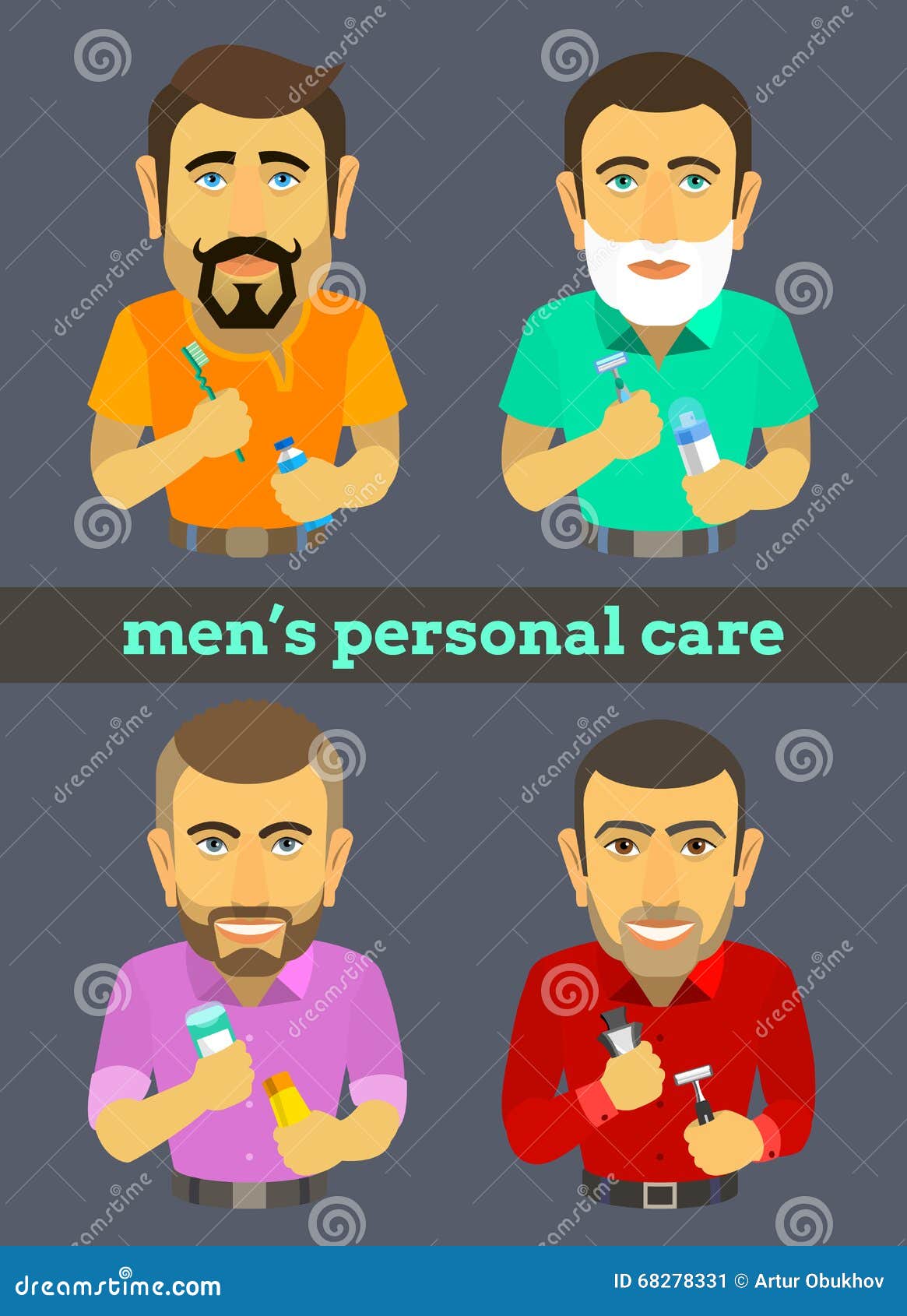 Different Male Characters with Hygiene Items Stock Vector ...