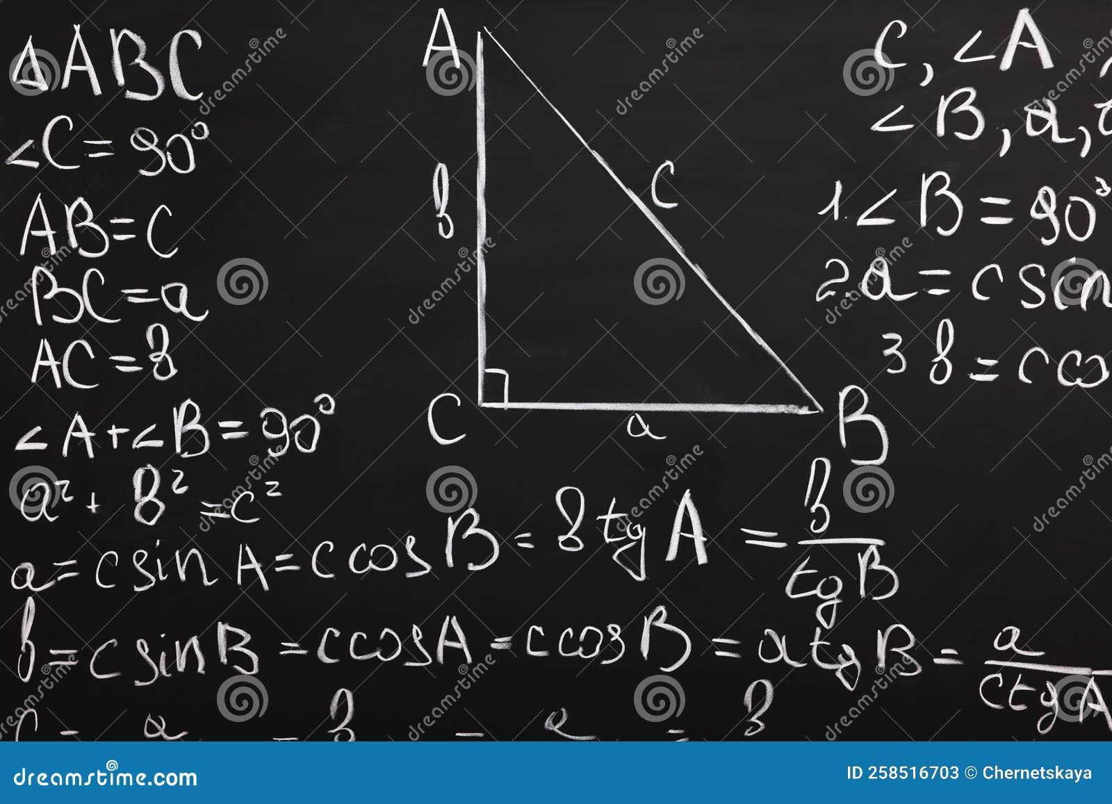 Different Mathematical Formulas Written With Chalk On Blackboard Stock