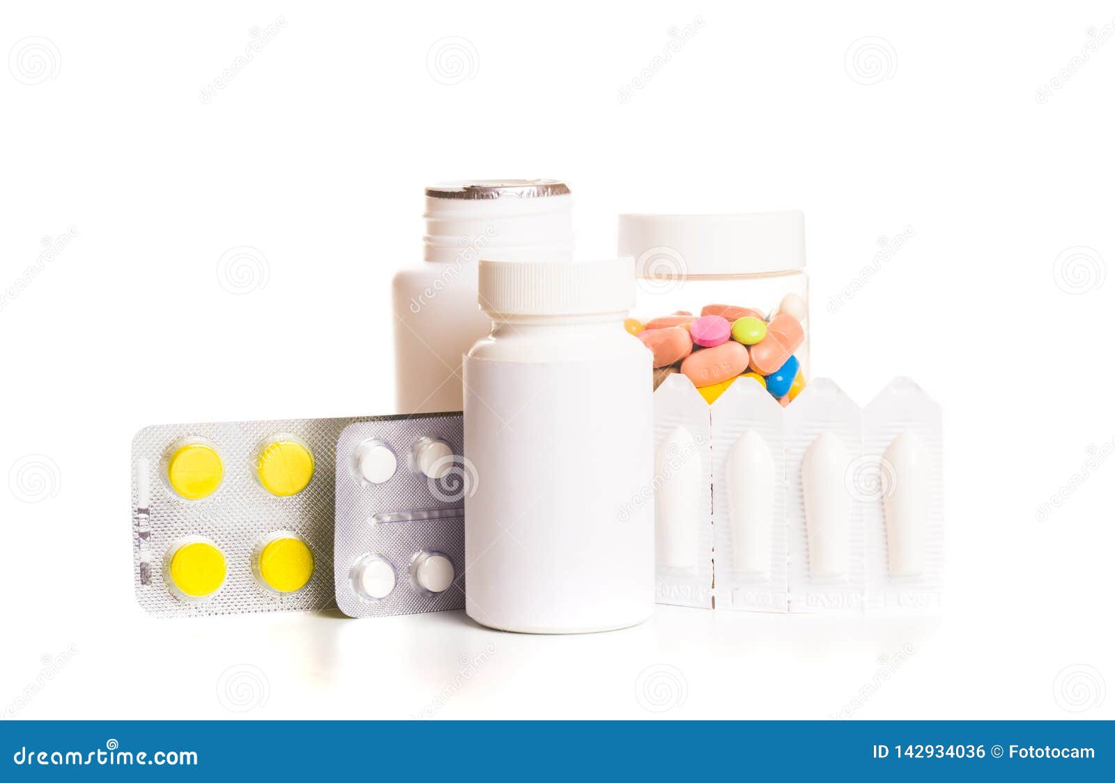 Different Medical Bottles and Tablets Isolated on White Stock Photo ...
