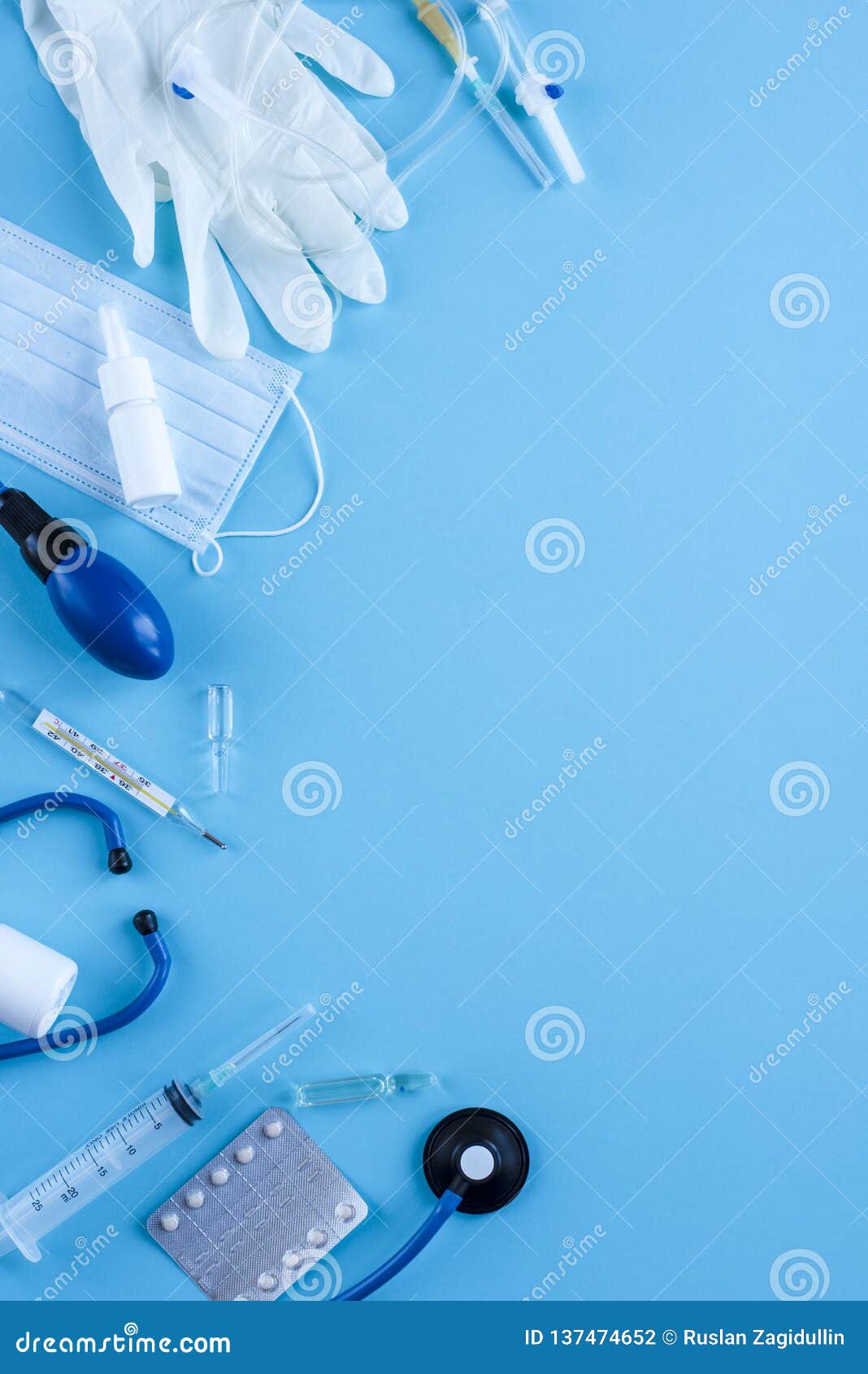 Different Medical Equipment on Blue Background. the View from the Top ...