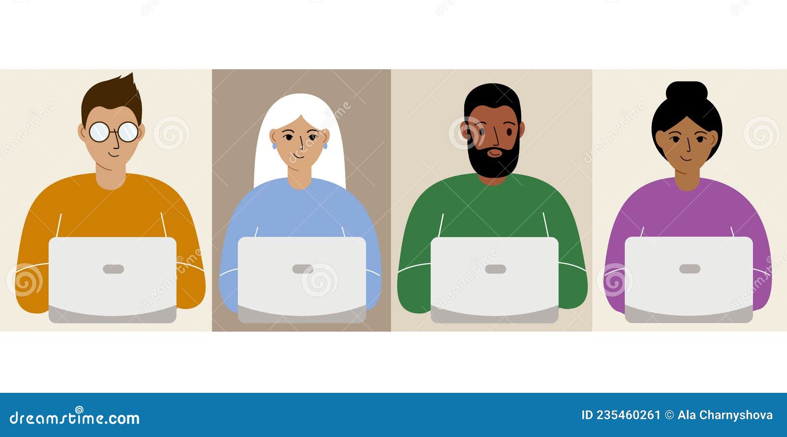 Different Men and Women with Laptops. Remote Work or Communication Over ...