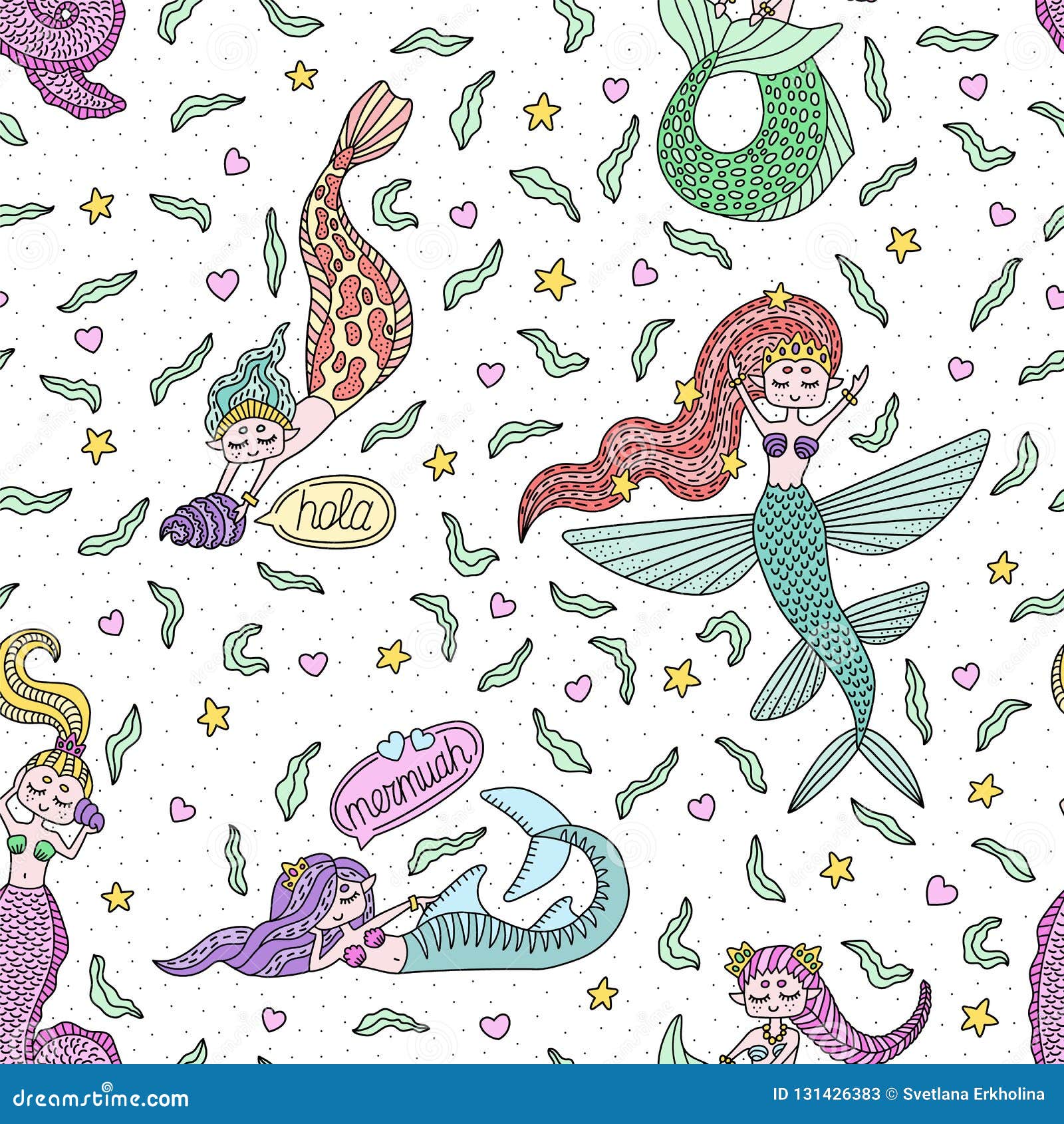 Different Mermaids Cute Seamless Pattern For Girls Vector