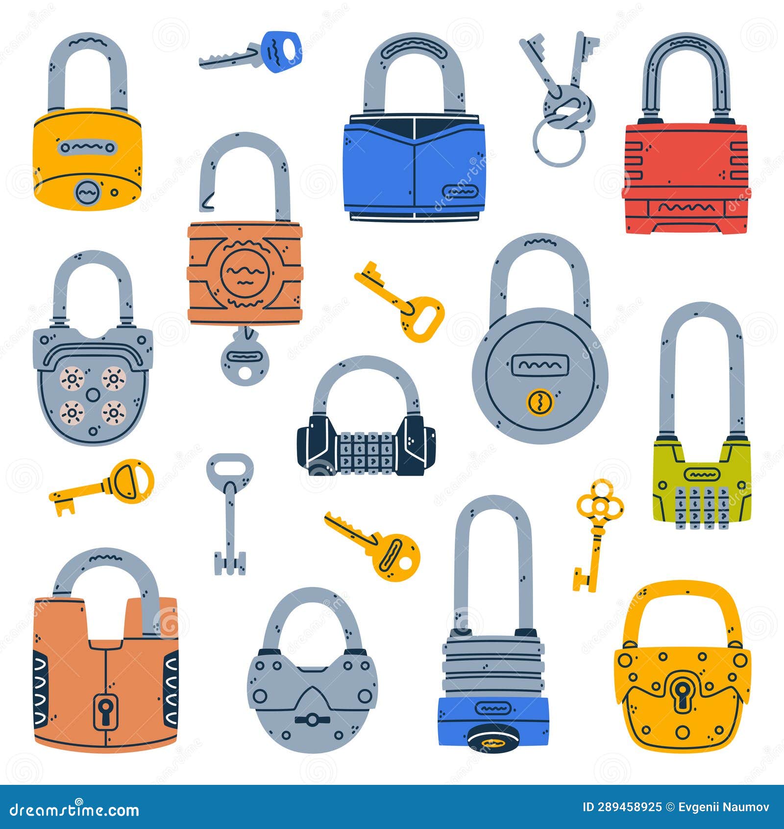 Different Metal Locks and Key As Mechanical Fastening Device Vector Set ...