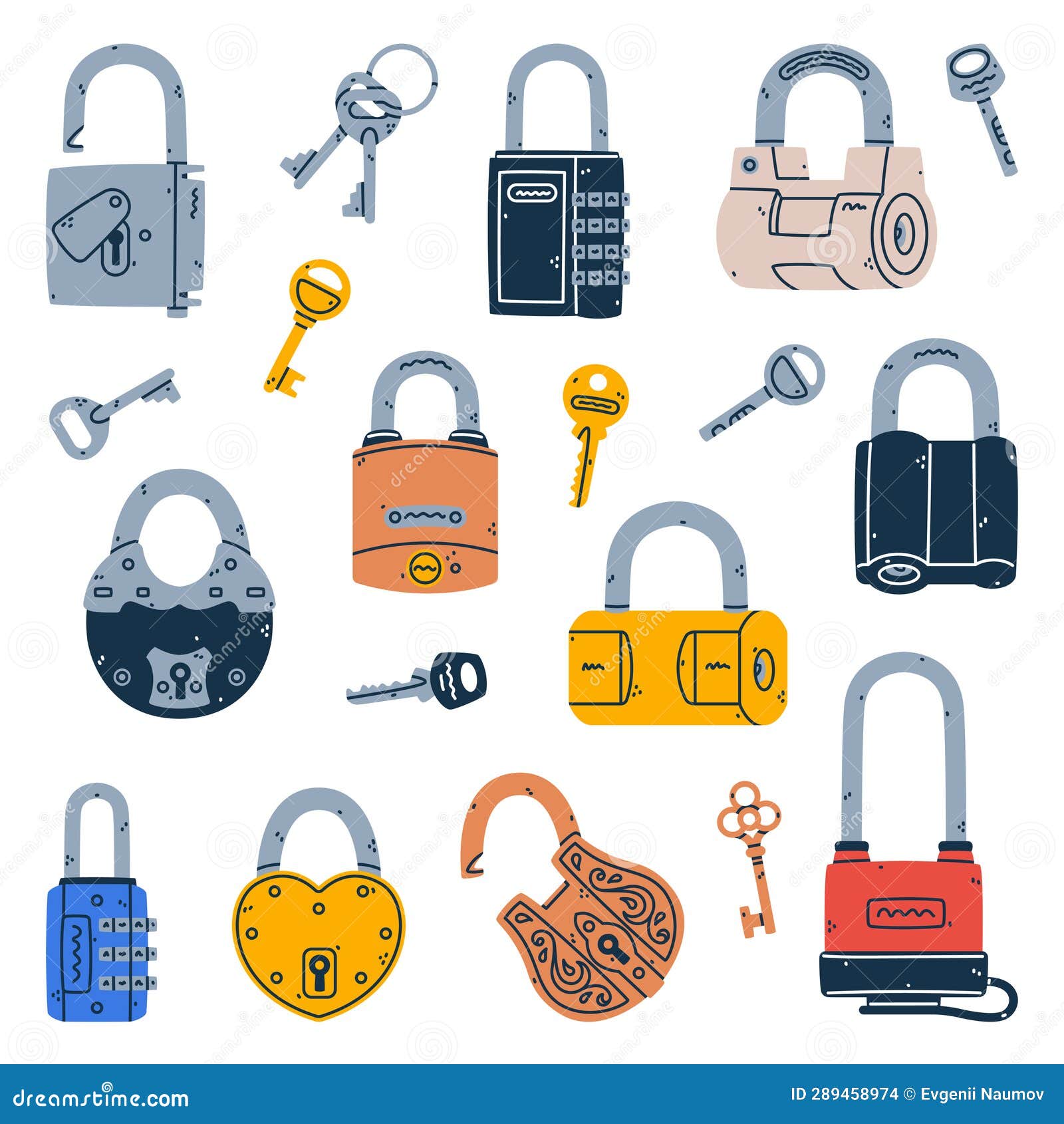 Different Metal Locks and Key As Mechanical Fastening Device Vector Set ...