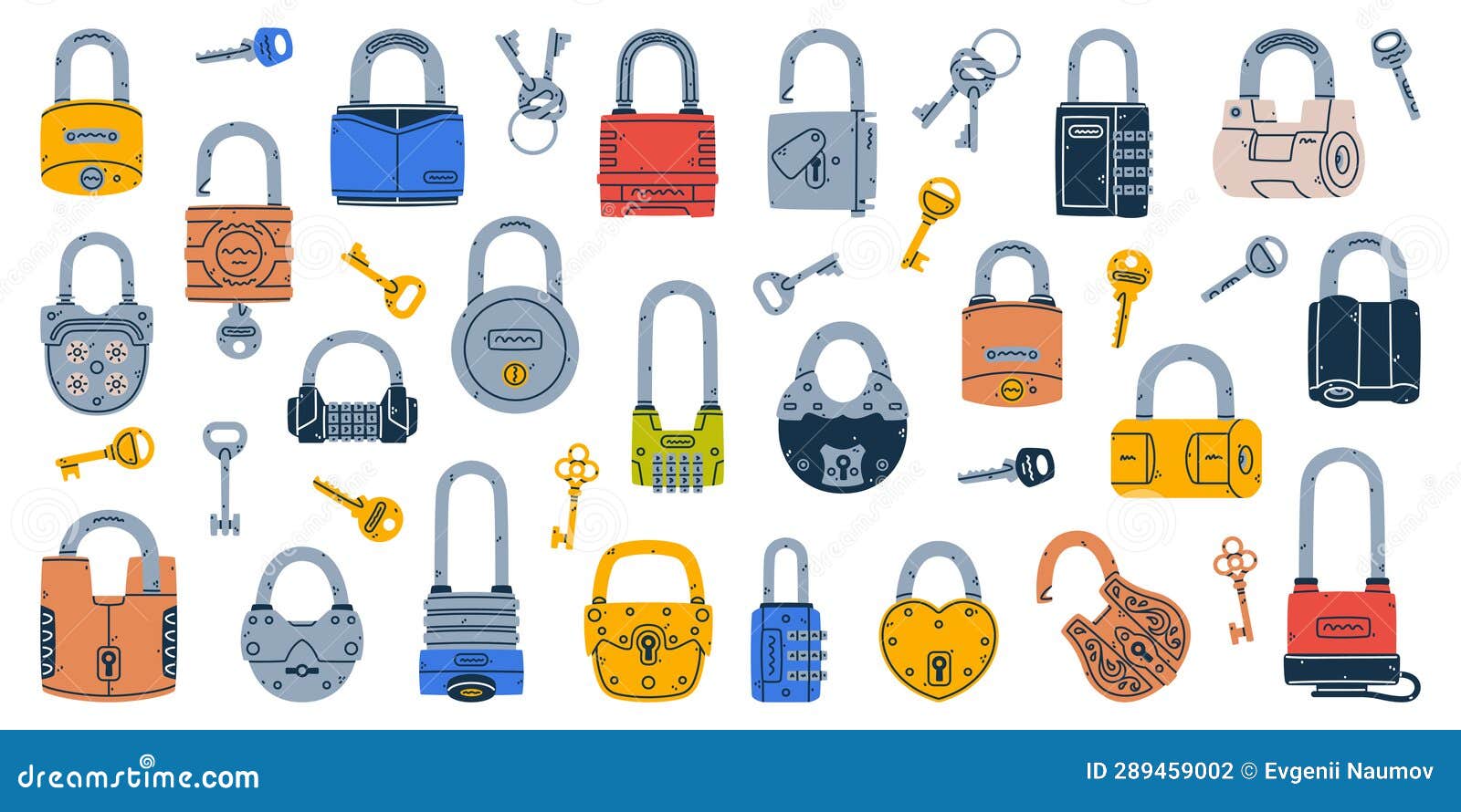 Different Metal Locks and Key As Mechanical Fastening Device Vector Set ...