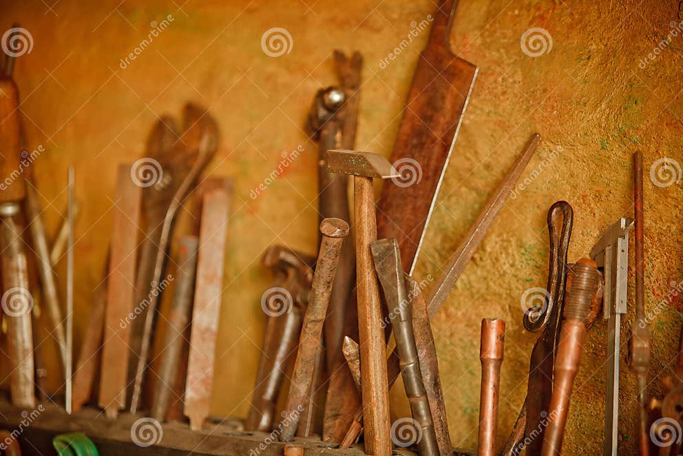 Different Metal Worker Tools on Wooden Table Stock Photo - Image of ...