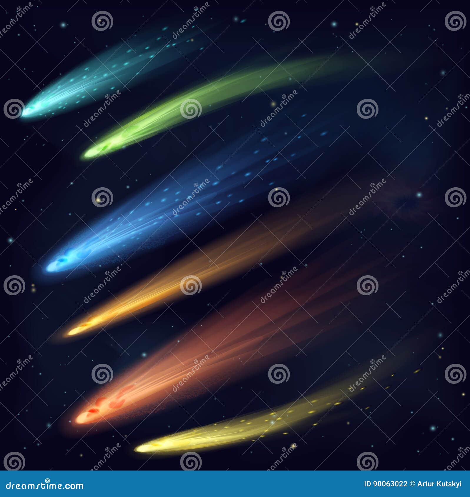 Different Meteors, Comets and Fireballs Set in Galaxy Space. Stock ...