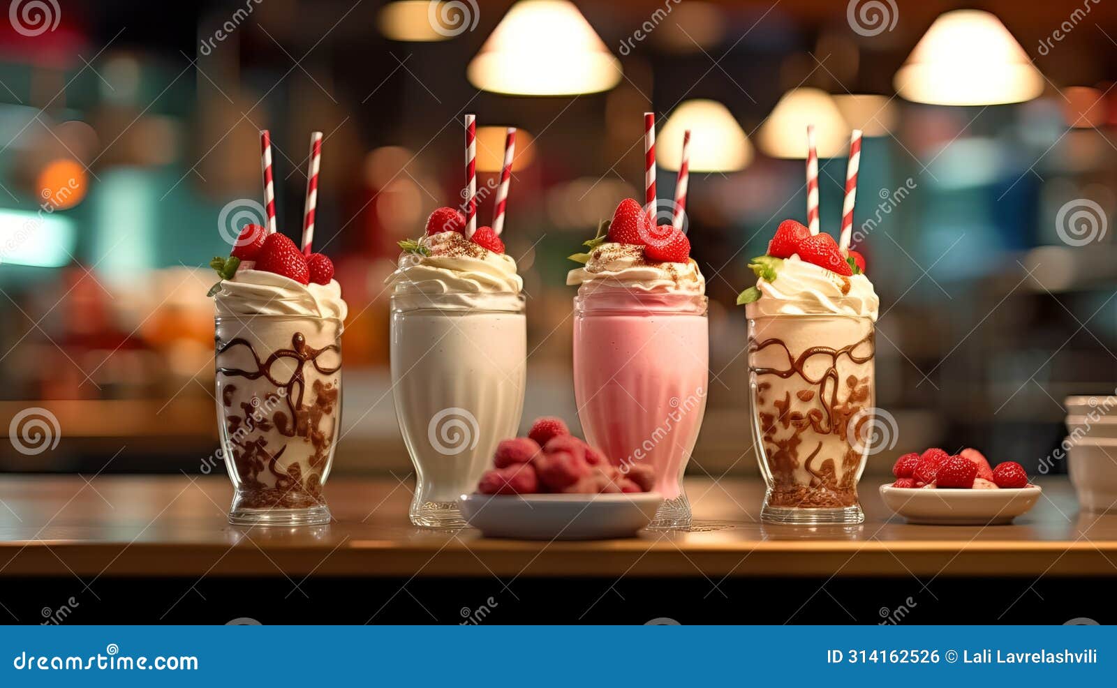 Different Milkshakes Set with Nuts, Caramel, Strawberry and Whipped ...