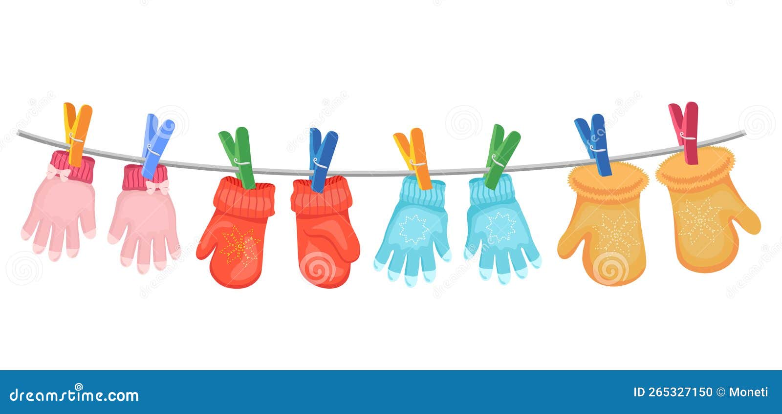 Different Mittens Hanging on the Rope, Set, Vector Illustration. Wool ...