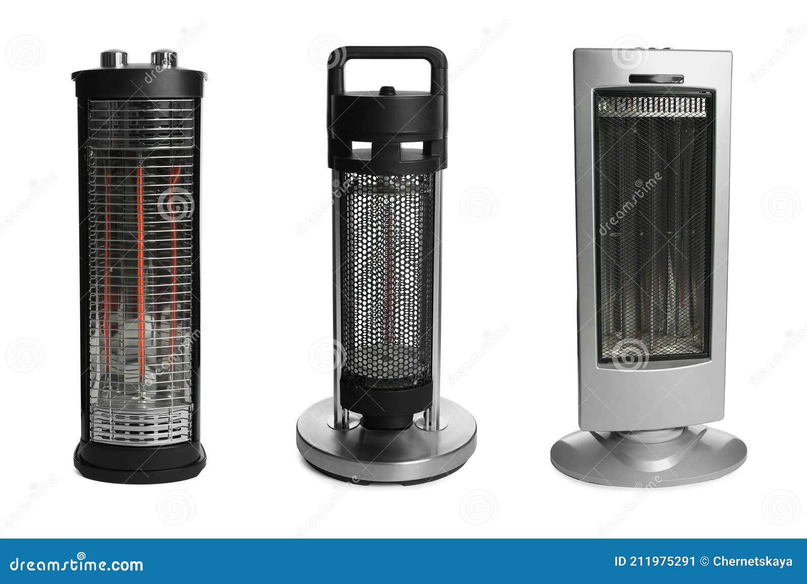Different Modern Electric Heaters on White Background, Collage Stock ...