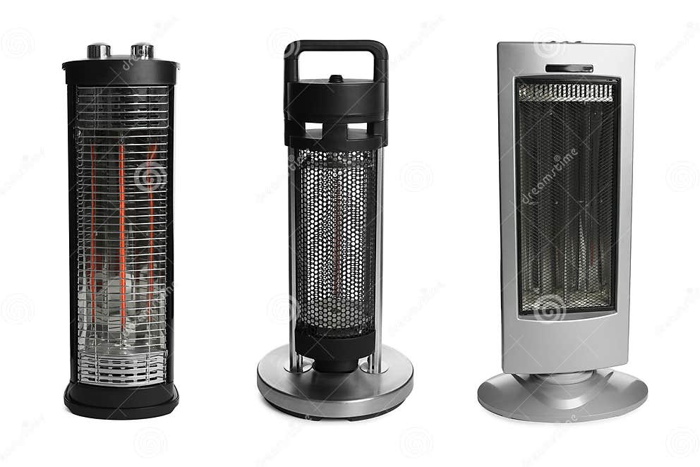 Different Modern Electric Heaters on White Background, Collage Stock ...