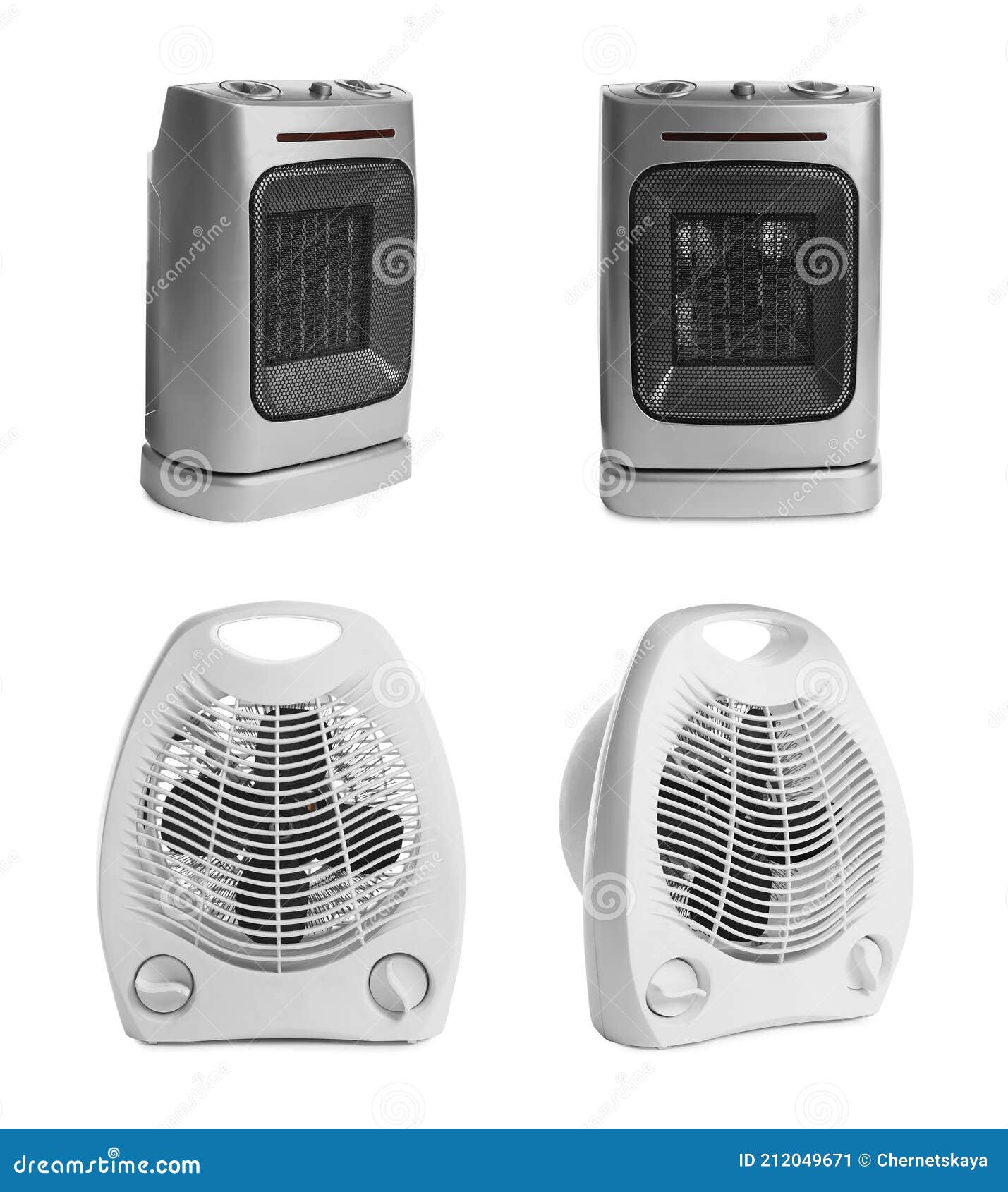 Different Modern Electric Heaters on White Background, Collage Stock ...