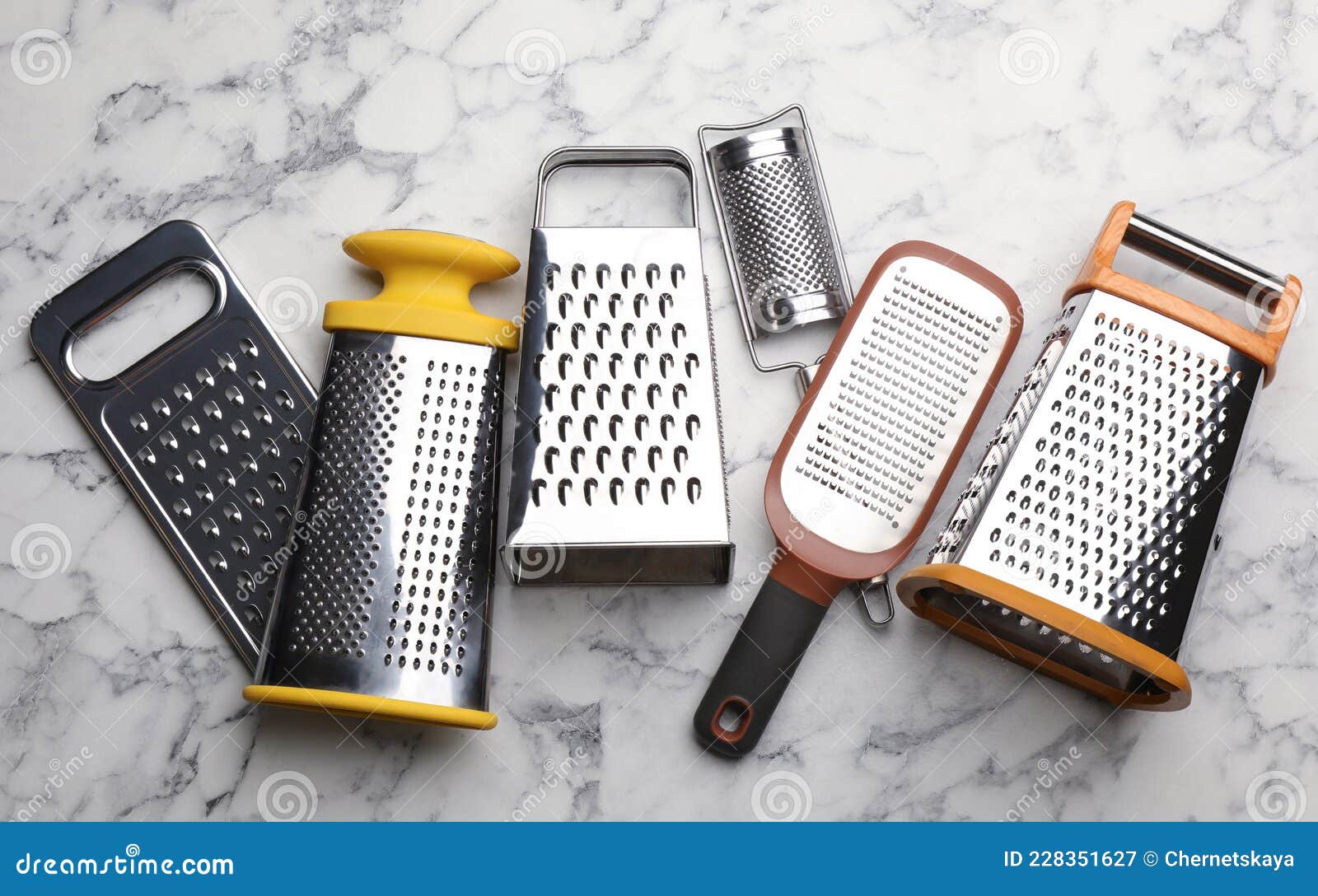 Different Modern Graters on White Marble Table, Flat Lay Stock Image ...
