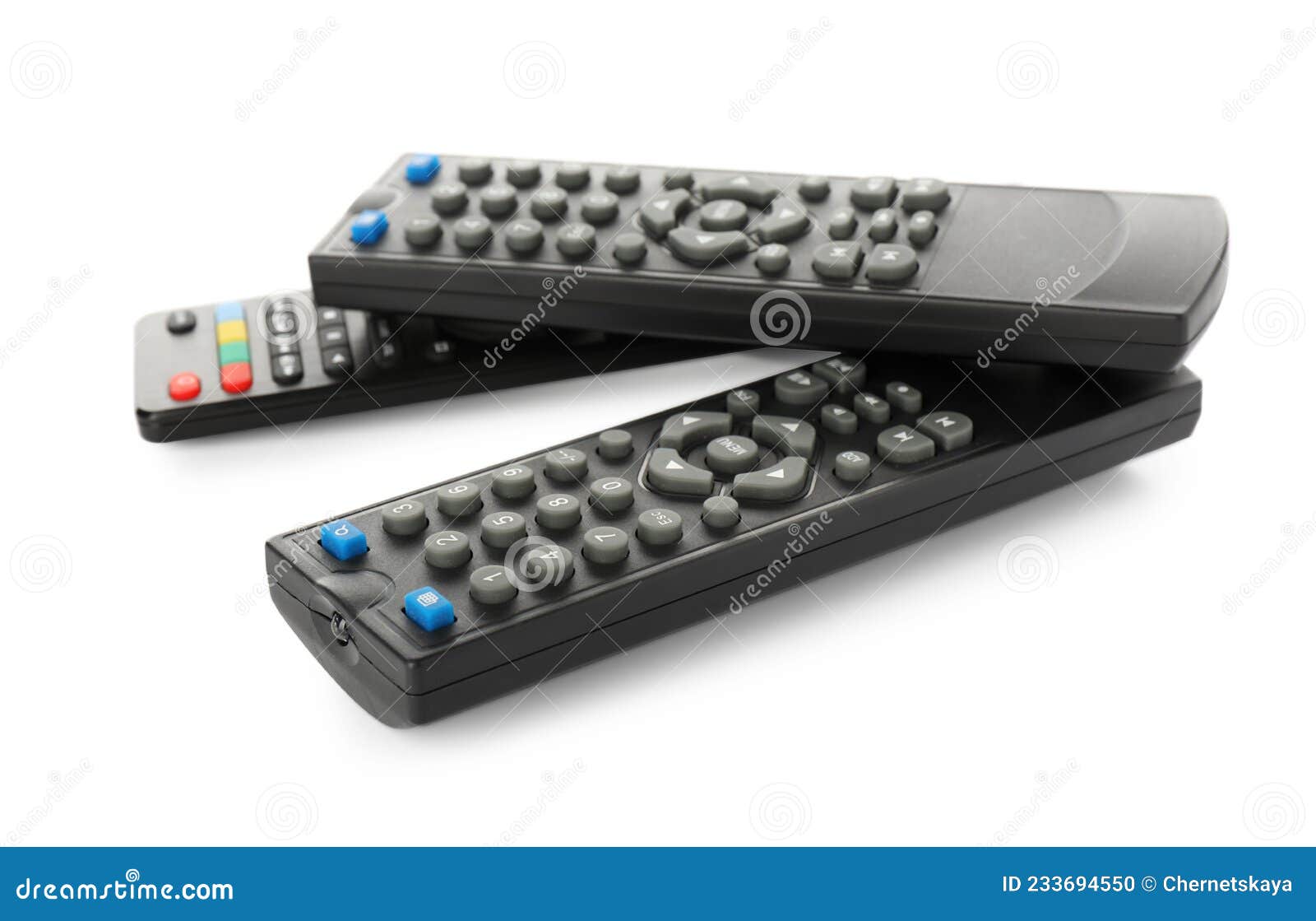 Different Modern Remote Controls on White Background Stock Photo ...