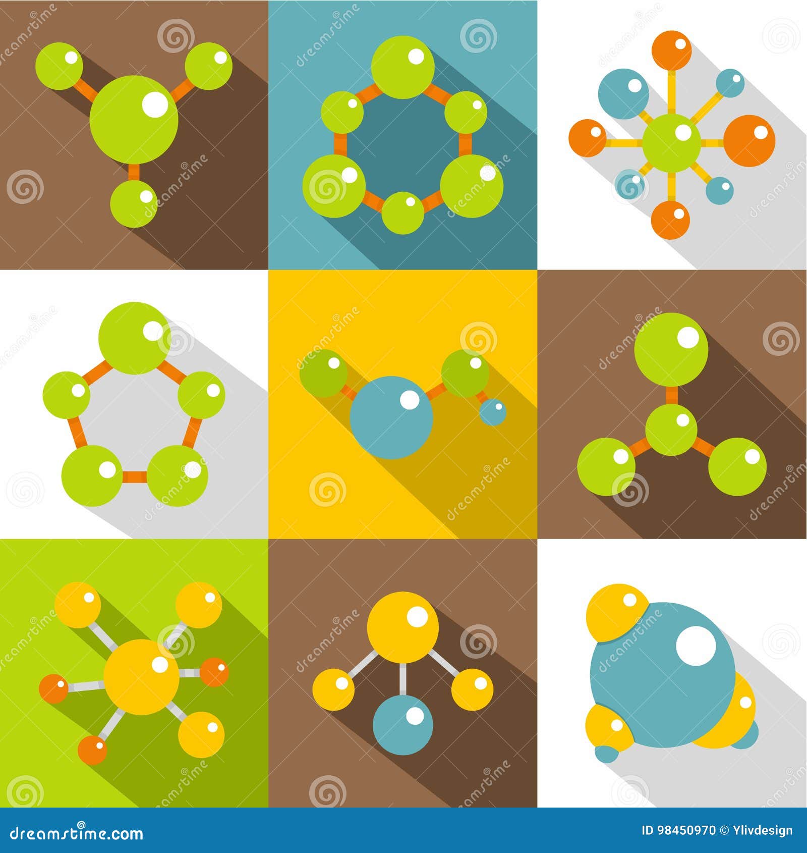 Different Molecule Icons Set, Flat Style Stock Vector - Illustration of ...