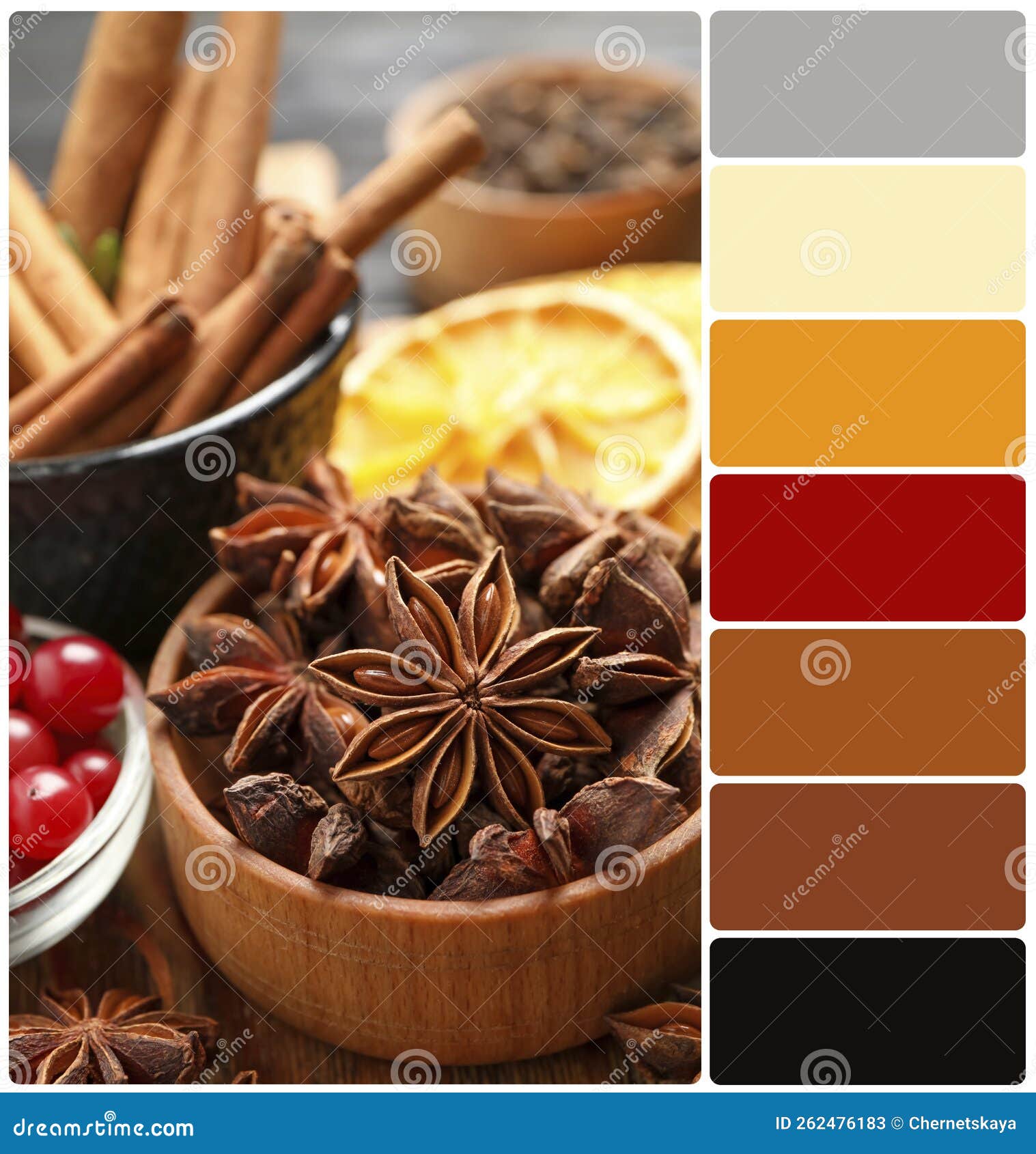 Different Mulled Wine Ingredients on Table and Color Palette. Collage ...