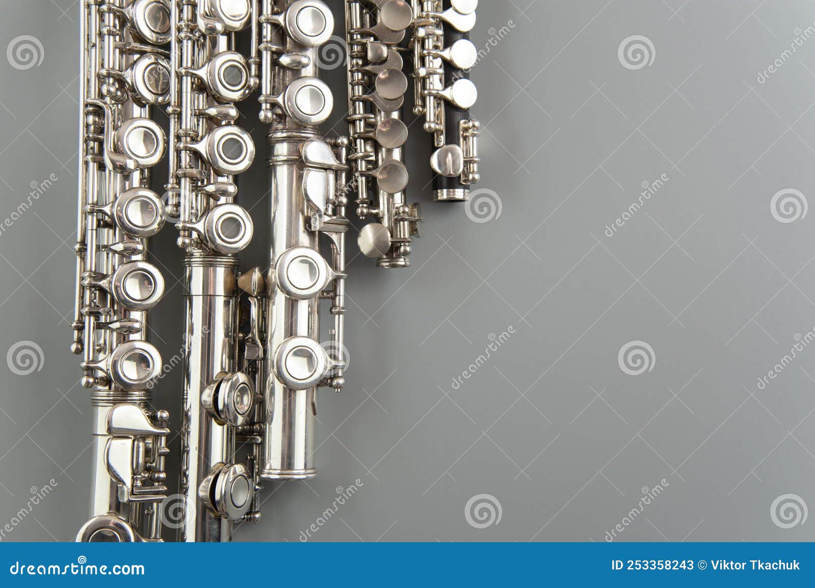 Different Musical Instruments Flute Stacked on a Gray Surface Stock ...