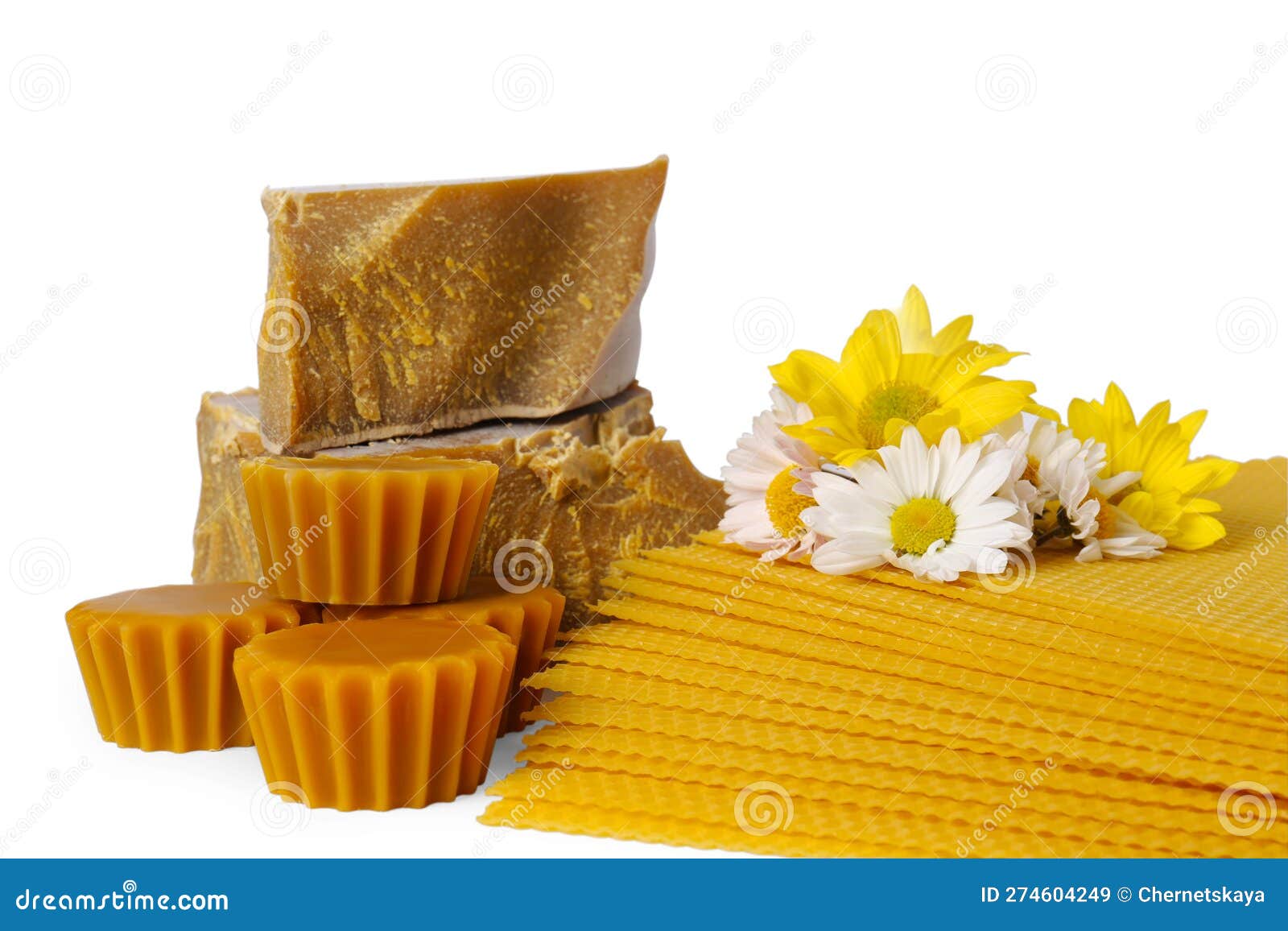 Different Natural Beeswax Blocks, Flowers and Sheets on White ...