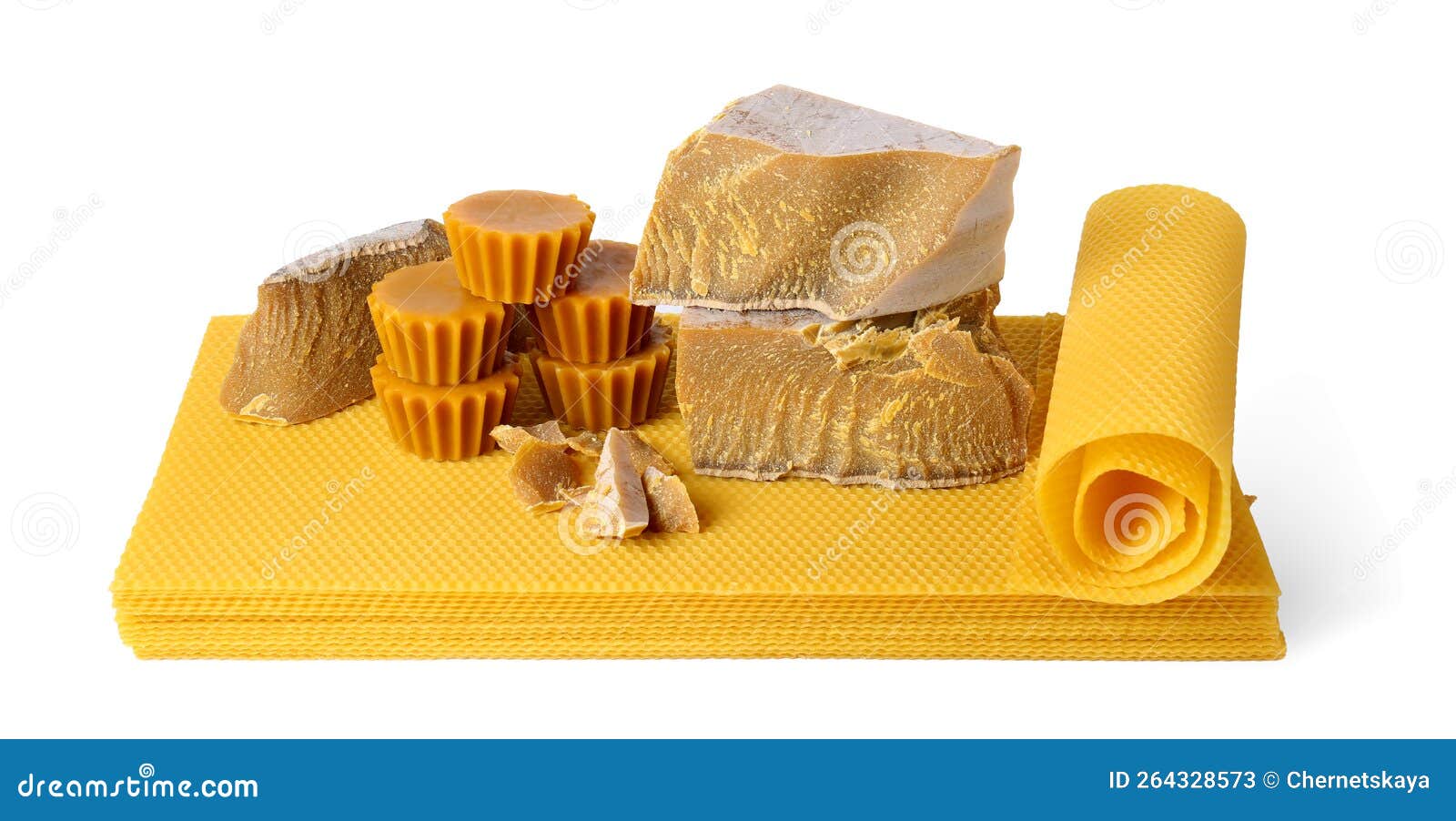 Different Natural Beeswax Blocks and Sheets on White Background Stock ...