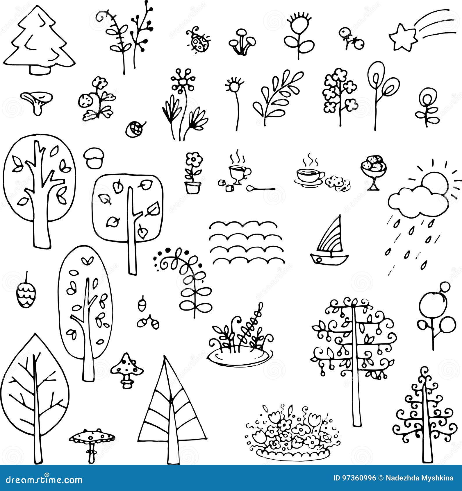 Different Nature and Weekend Doodle Objects Stock Vector - Illustration ...