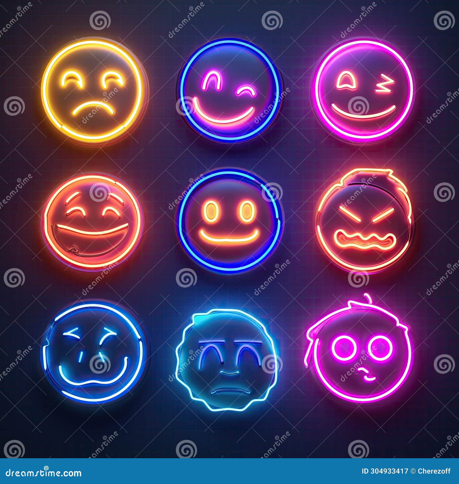 Different Neon-style Emojis Stock Illustration - Illustration of doodle ...