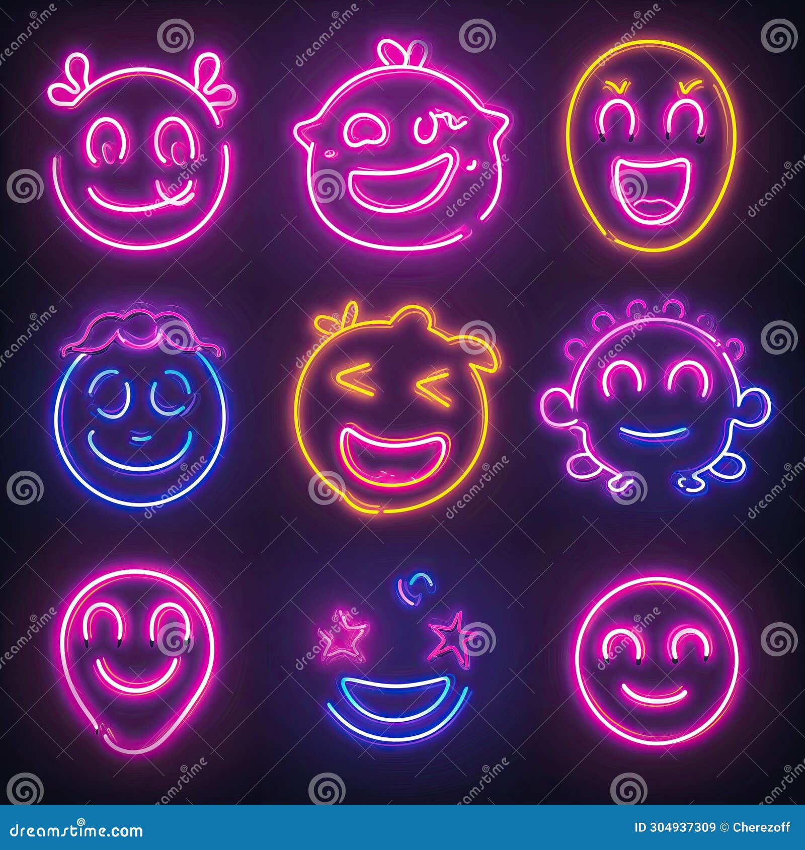 Different Neon-style Emojis Stock Illustration - Illustration of neon ...