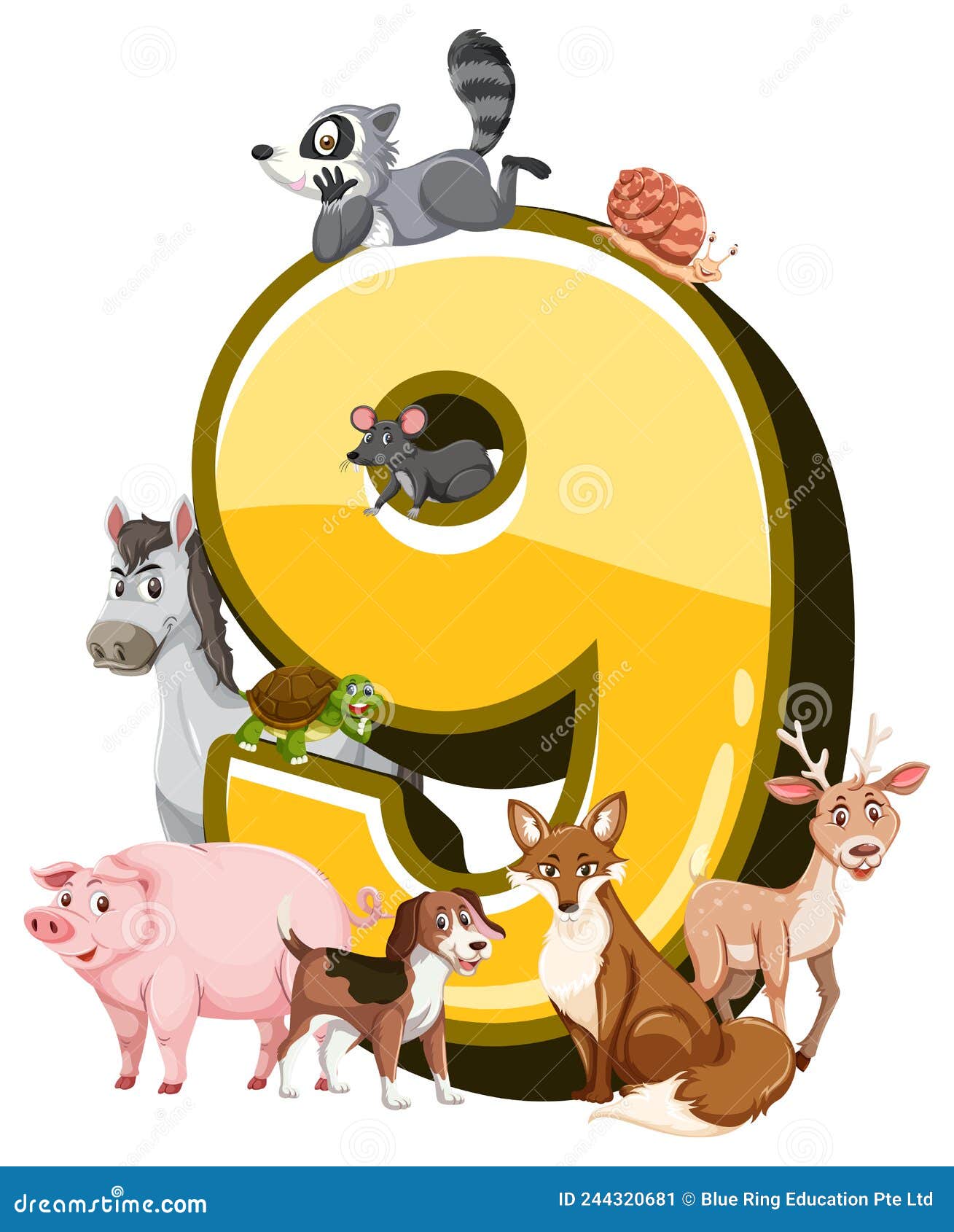 Different Nine Animals Attached To Number Nine Stock Vector ...