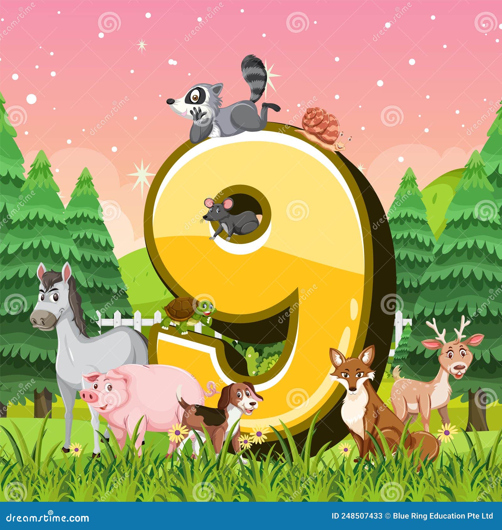Different Nine Animals Attached To Number Nine Stock Vector ...