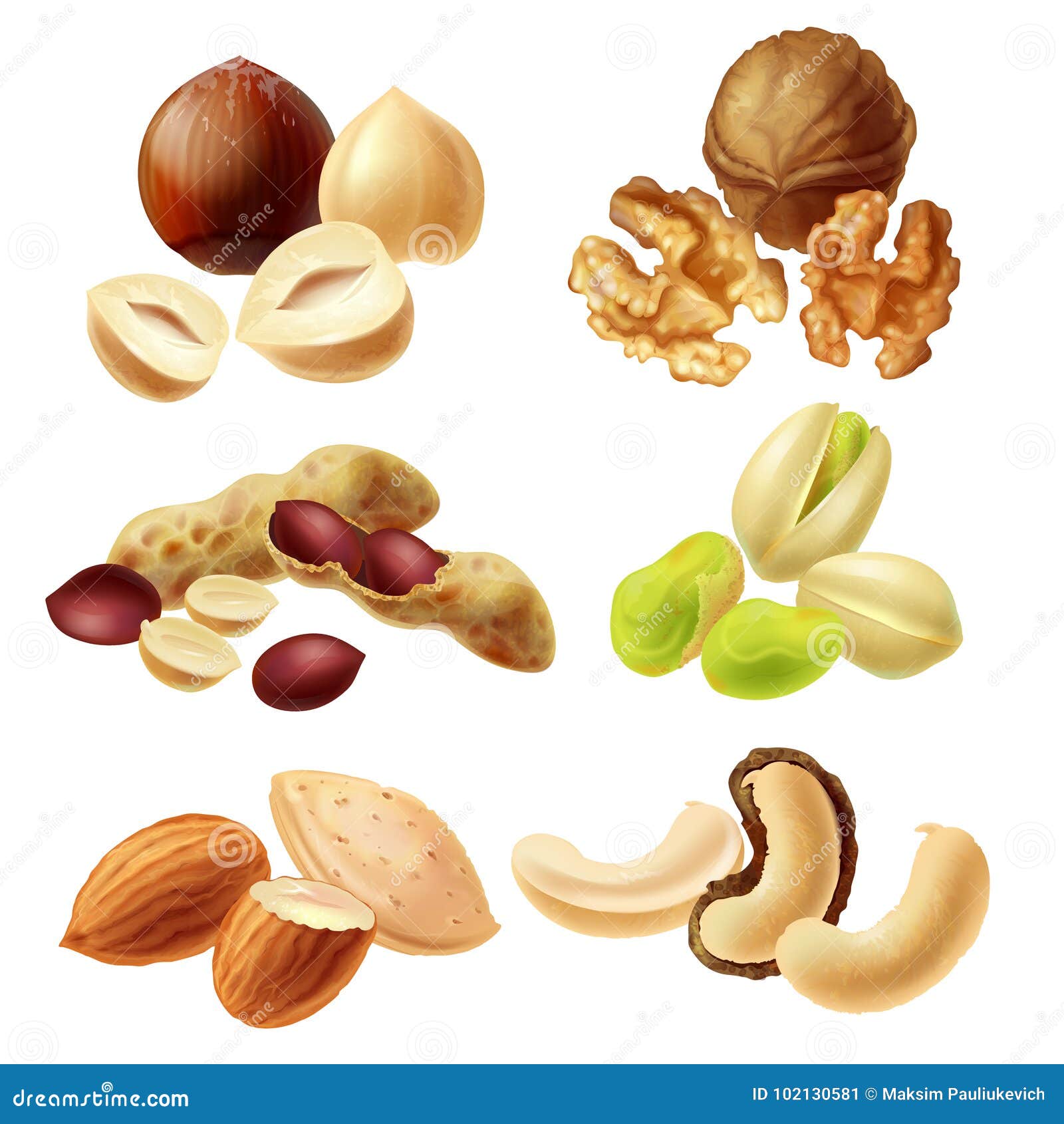 Different Nuts Realistic Vector Set Stock Vector - Illustration of pile ...
