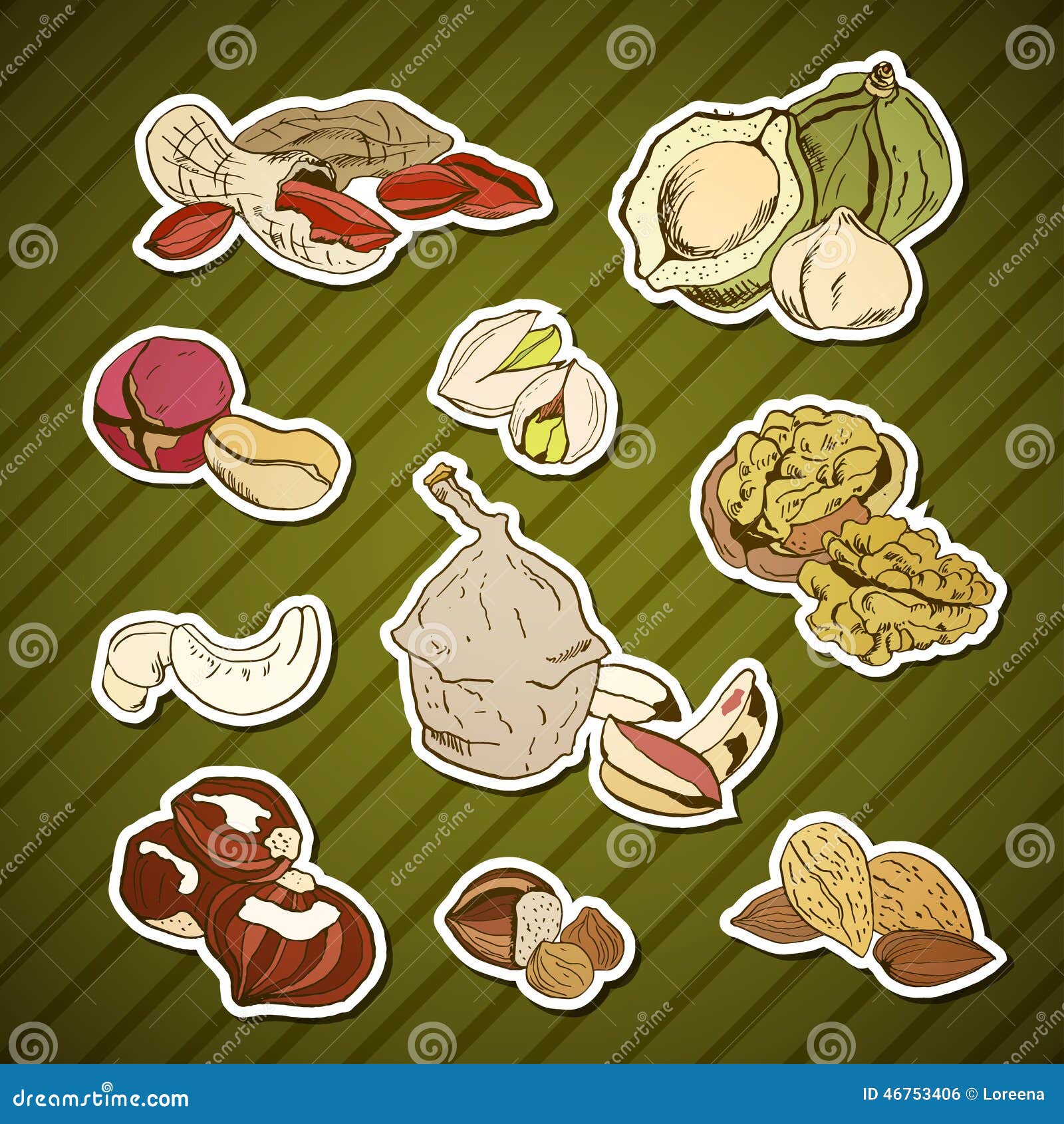 Different Nuts, Set of Stickers Stock Vector - Illustration of dieting ...