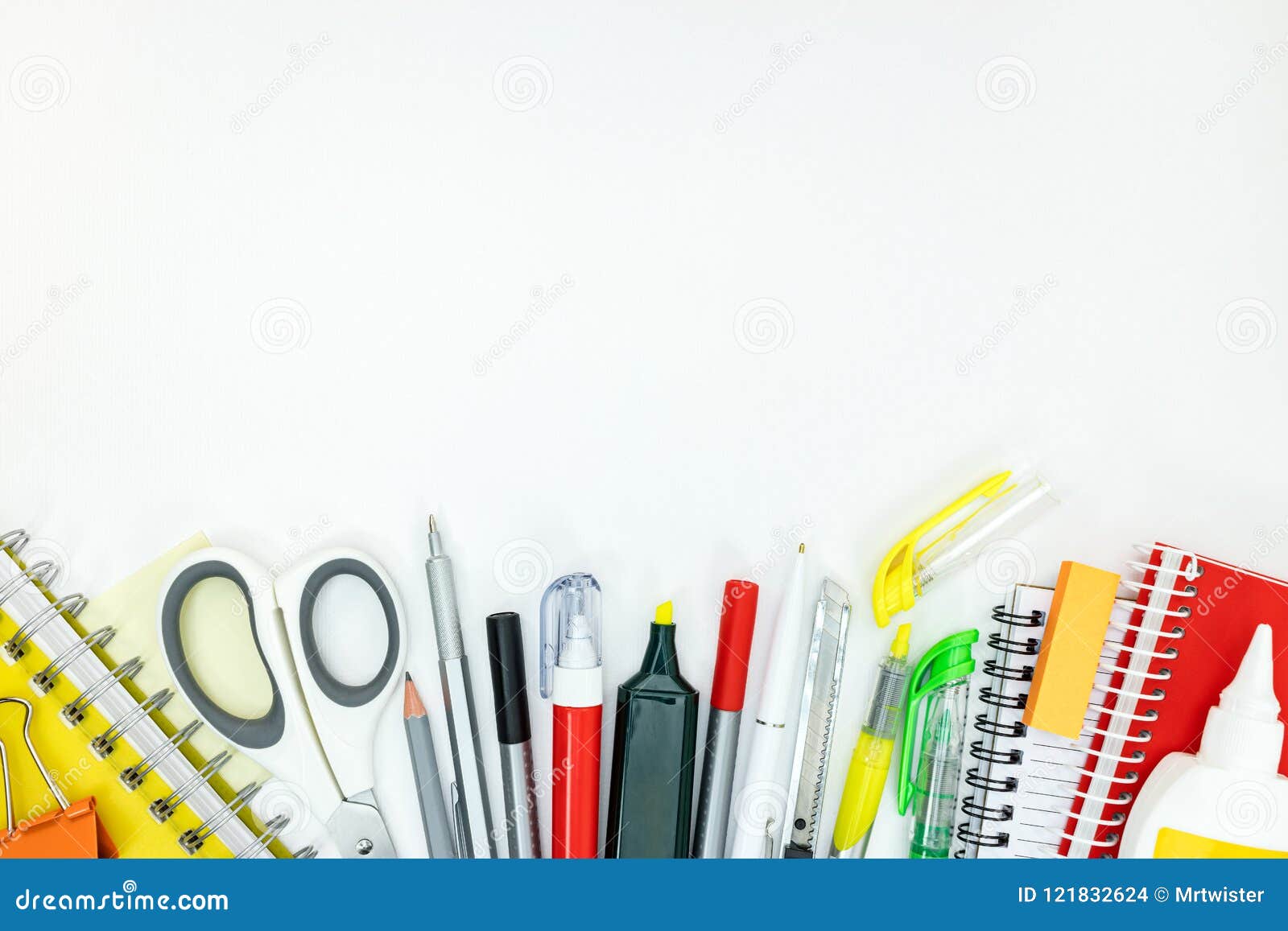 Different Office Stationary and Tools on White Desk Background Stock ...