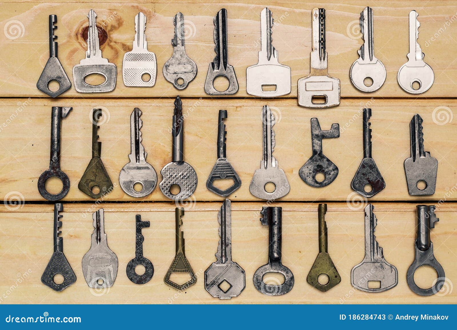 Different Old Keys, Top View on a Wooden Table Stock Image - Image of ...