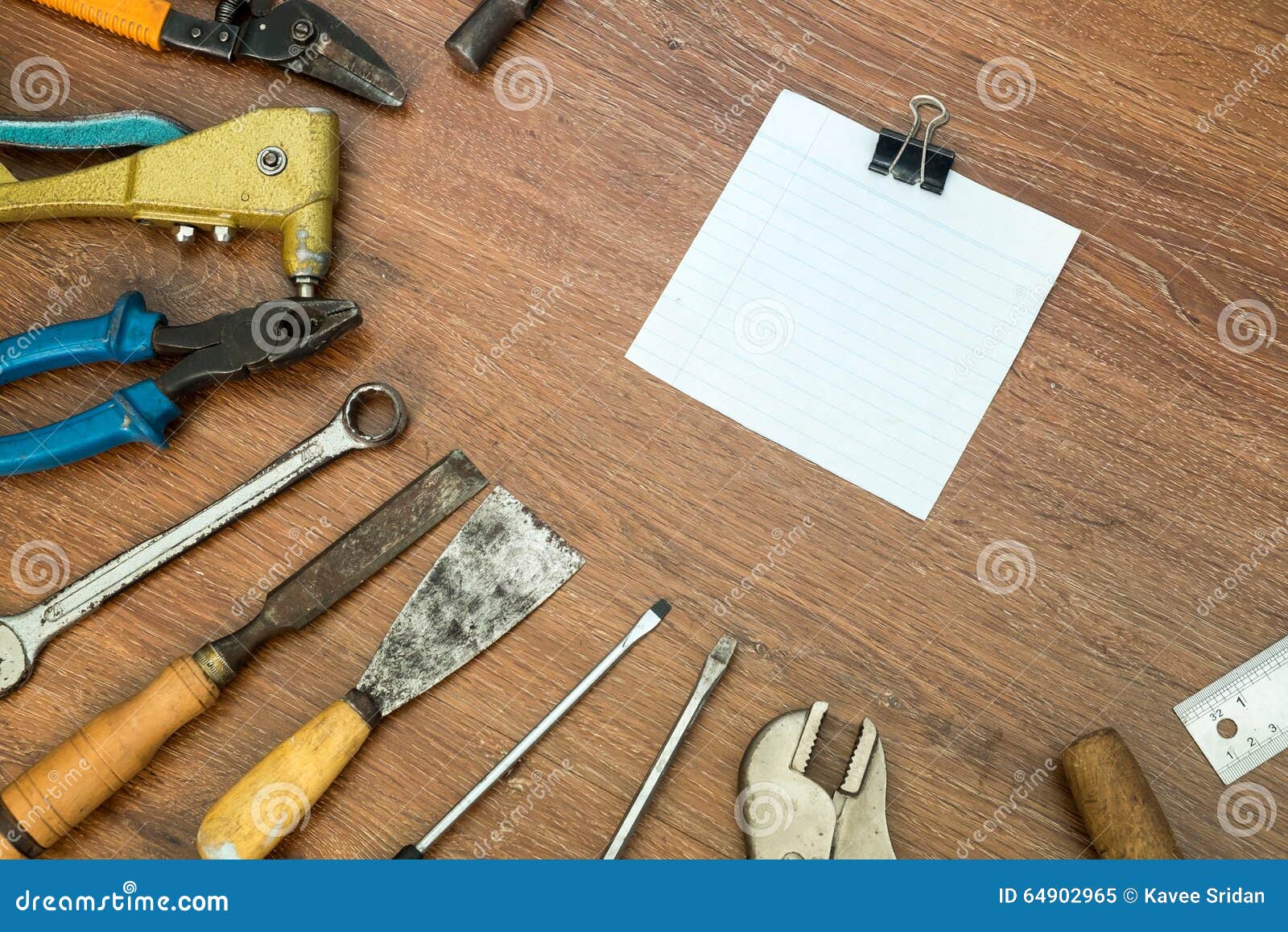 Different Old Tools with Blank Paper on Wood Stock Image - Image of ...