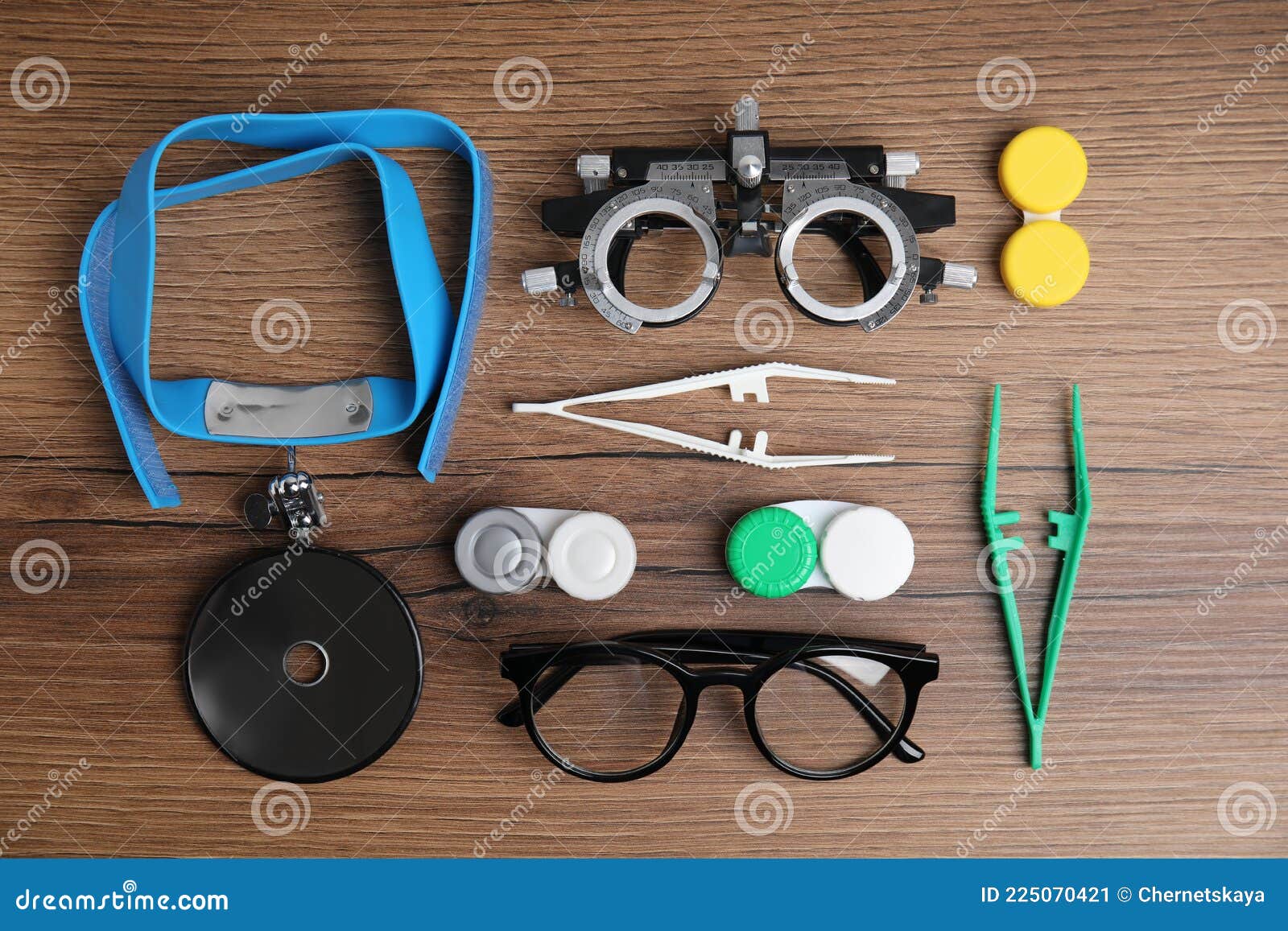 Different Ophthalmologist Tools on Wood, Flat Lay Stock Image - Image ...
