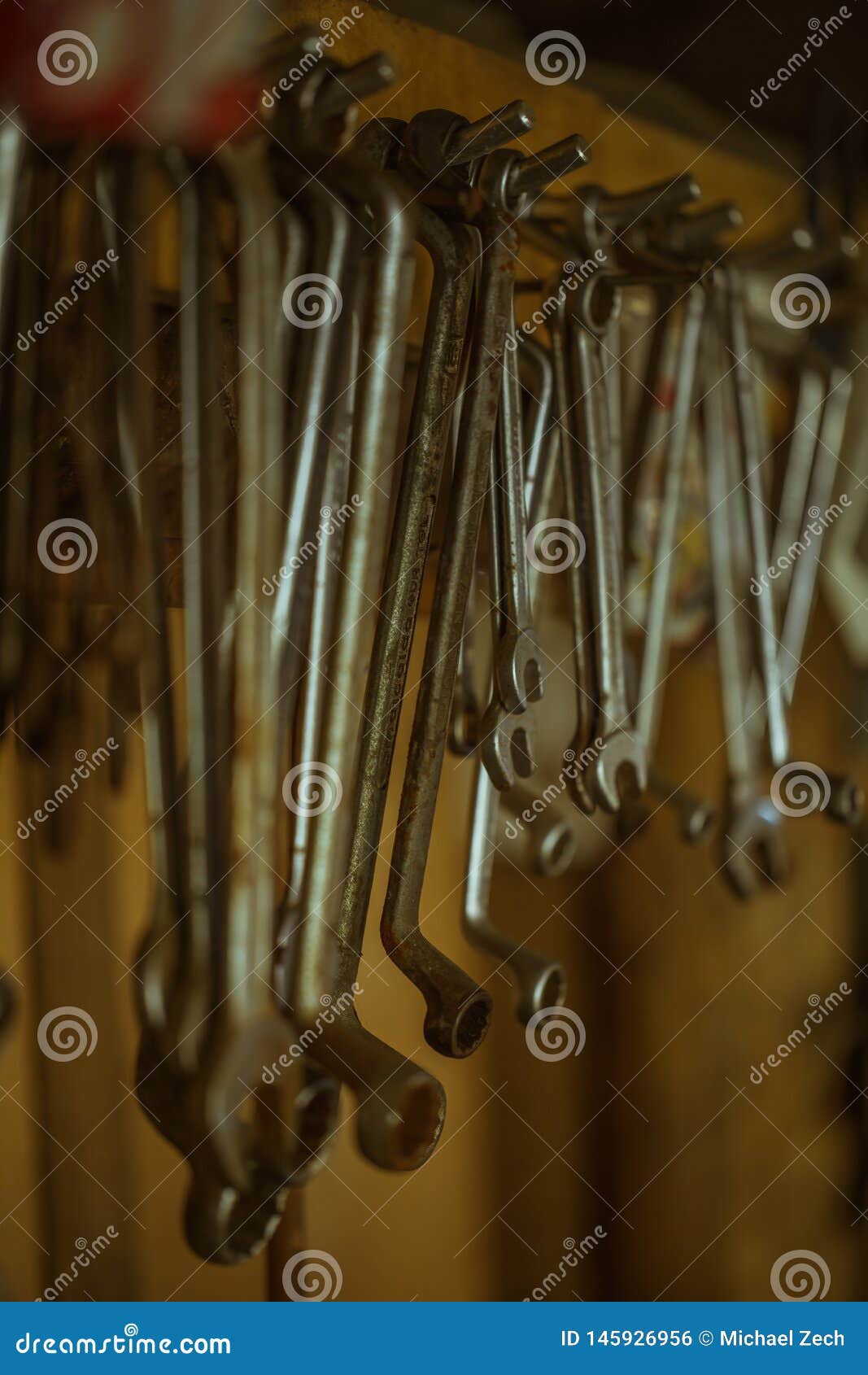 Different Organized Metal Spanner Tools in a Garage Stock Photo - Image ...