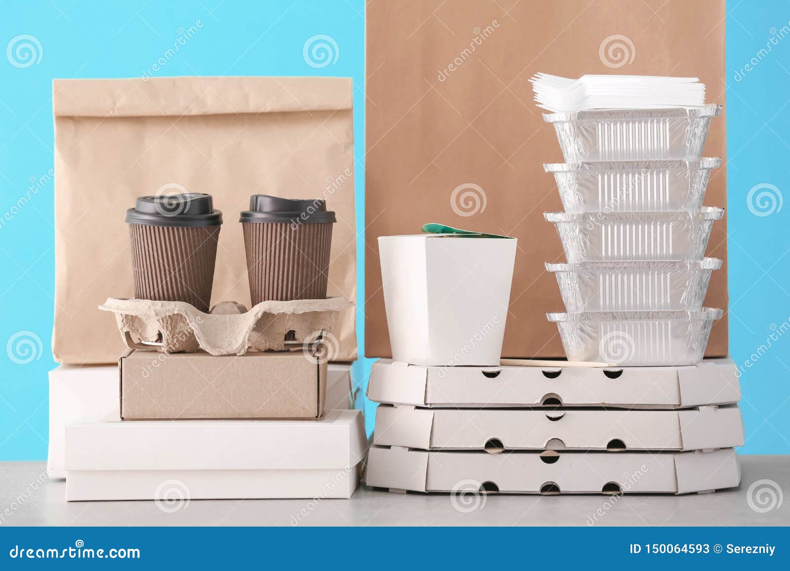 Different Packages on Table. Food Delivery Service Stock Image - Image ...