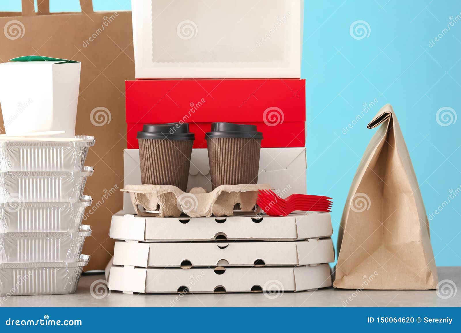 Different Packages on Table. Food Delivery Service Stock Photo - Image ...