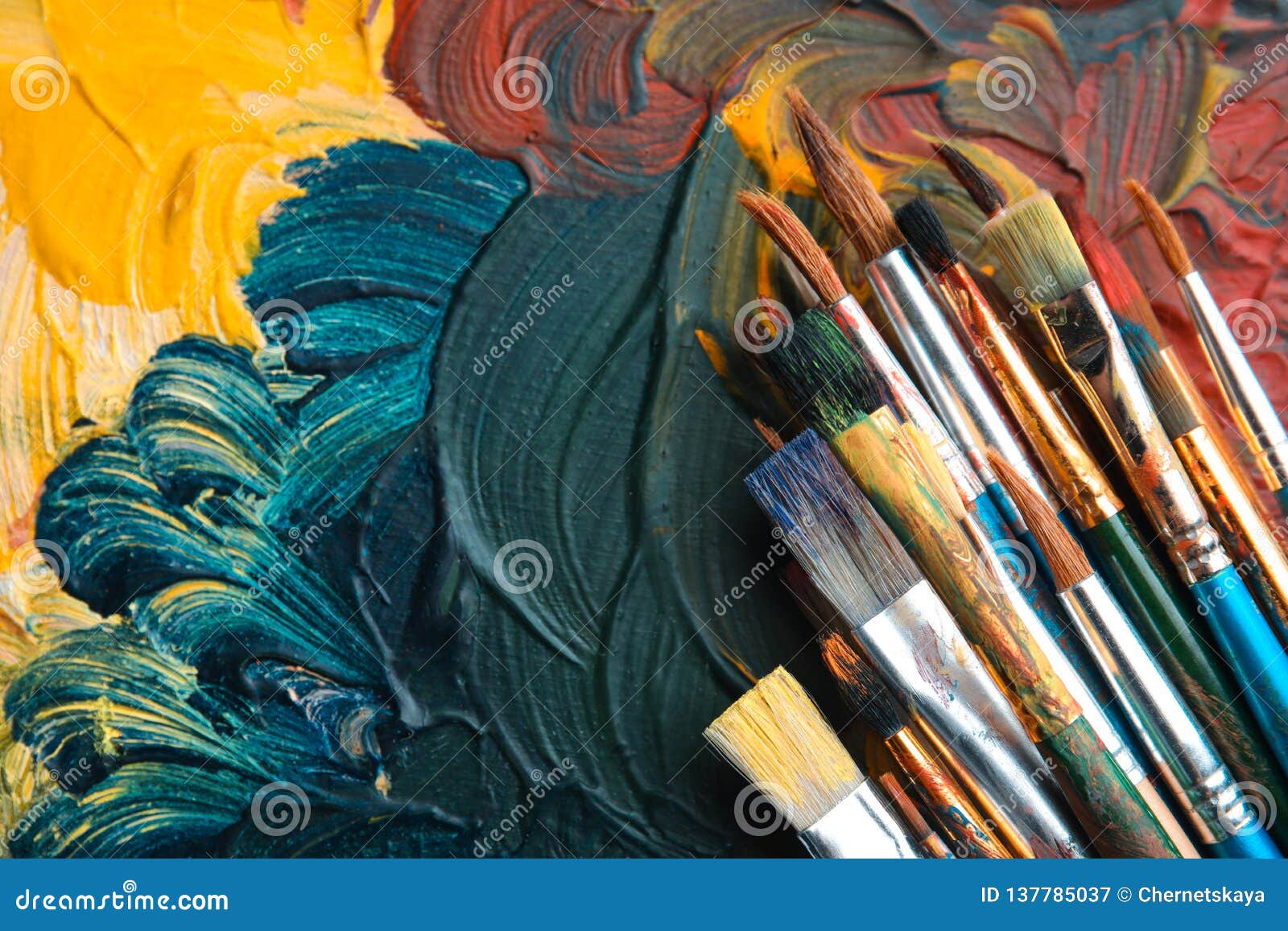 Different Paint Brushes on Canvas, Top View Stock Image - Image of ...