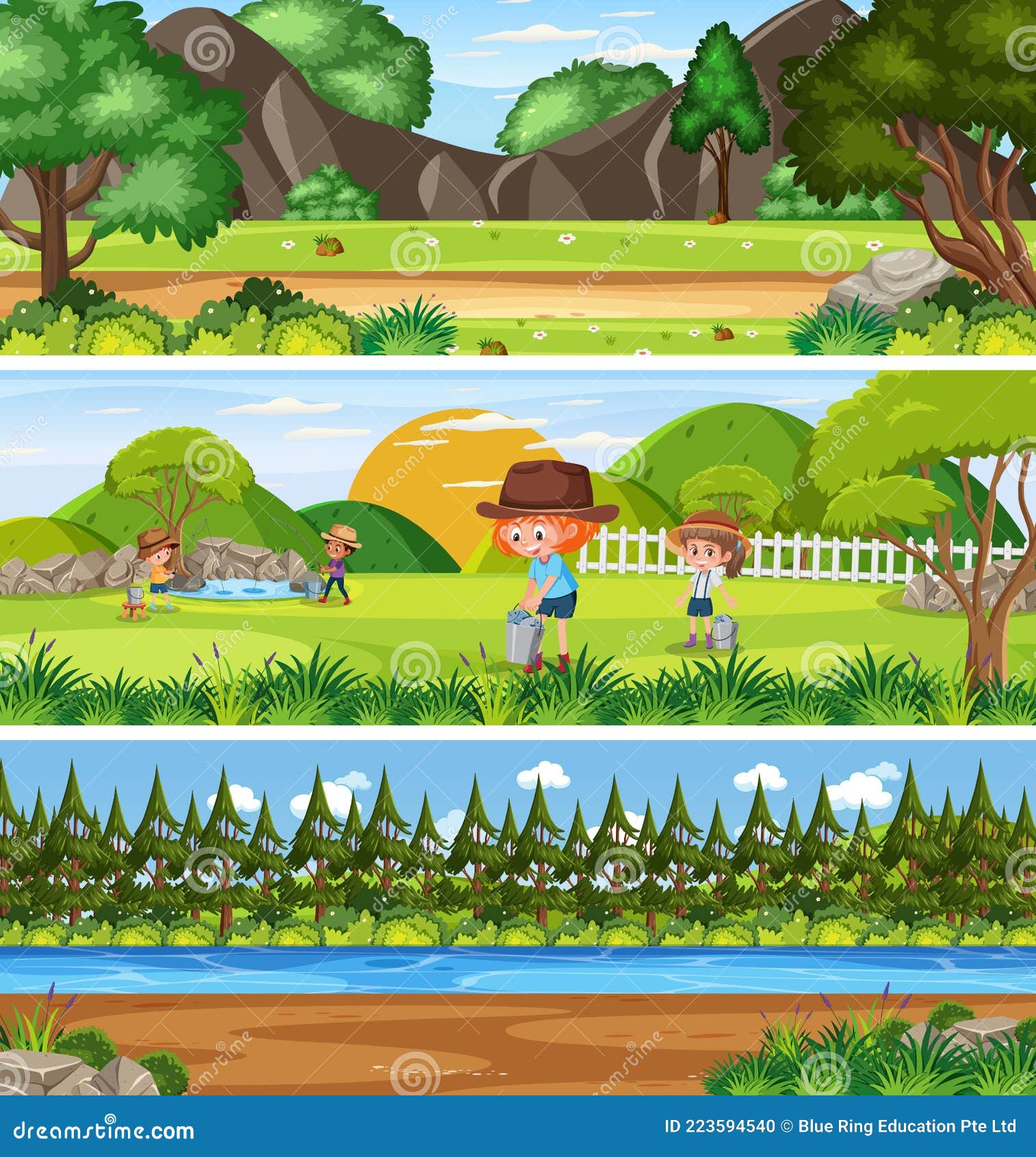 Different Panoramic Nature Landscape Set with Cartoon Character Stock ...