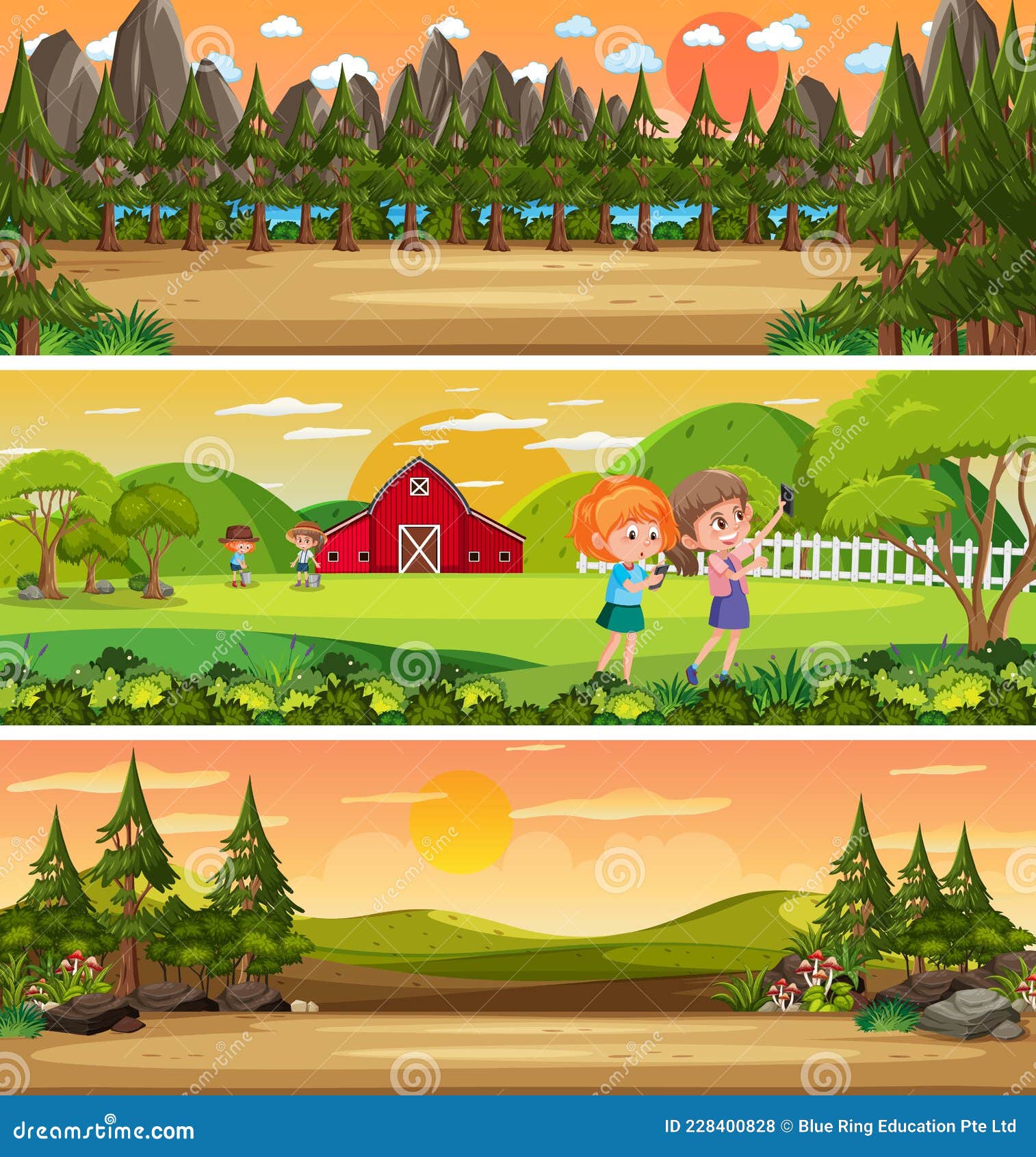Different Panoramic Nature Landscape Set with Cartoon Character Stock ...