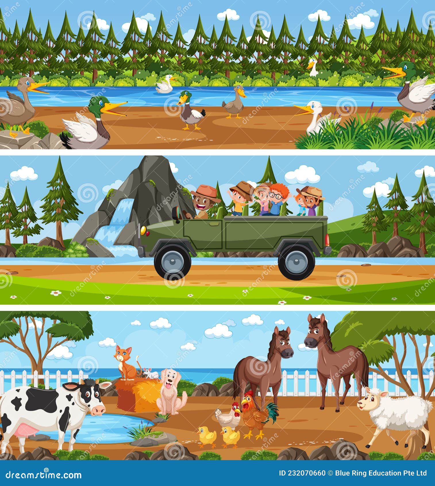 Different Panoramic Nature Landscape Set with Cartoon Character Stock ...