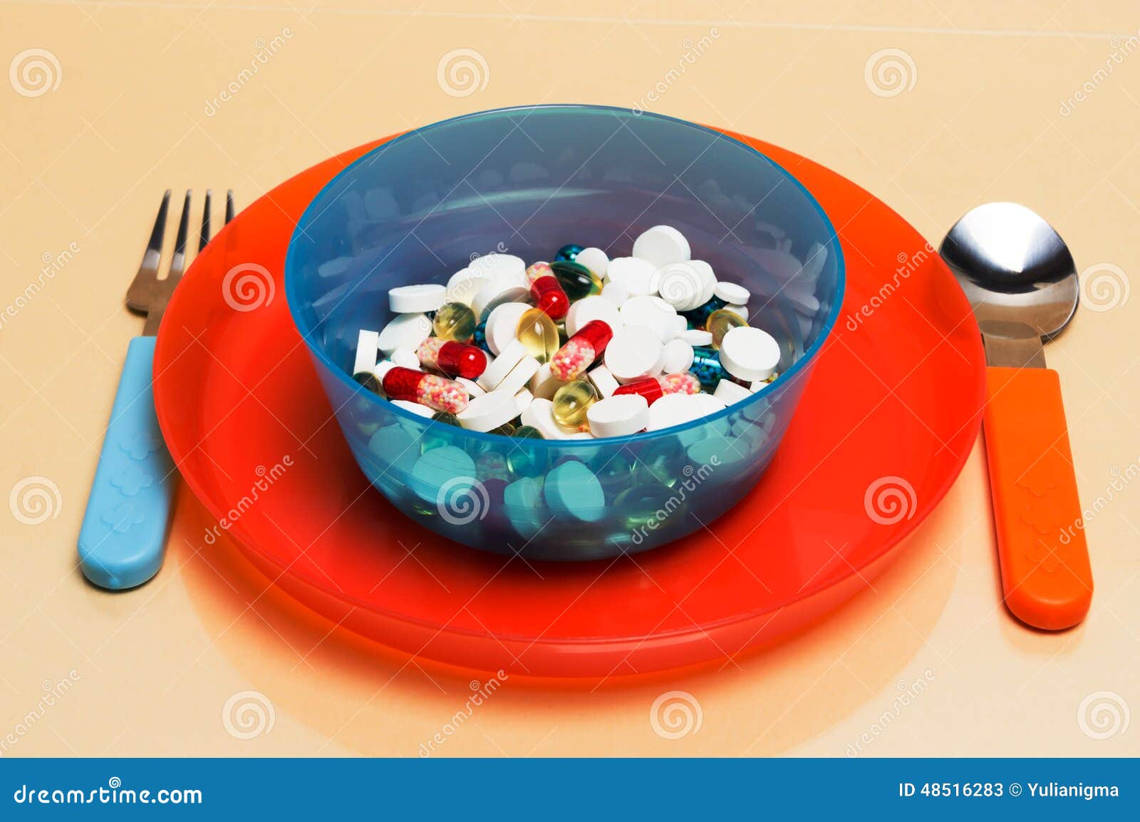 Different Particolored Pills on a Plate Stock Image - Image of fork ...