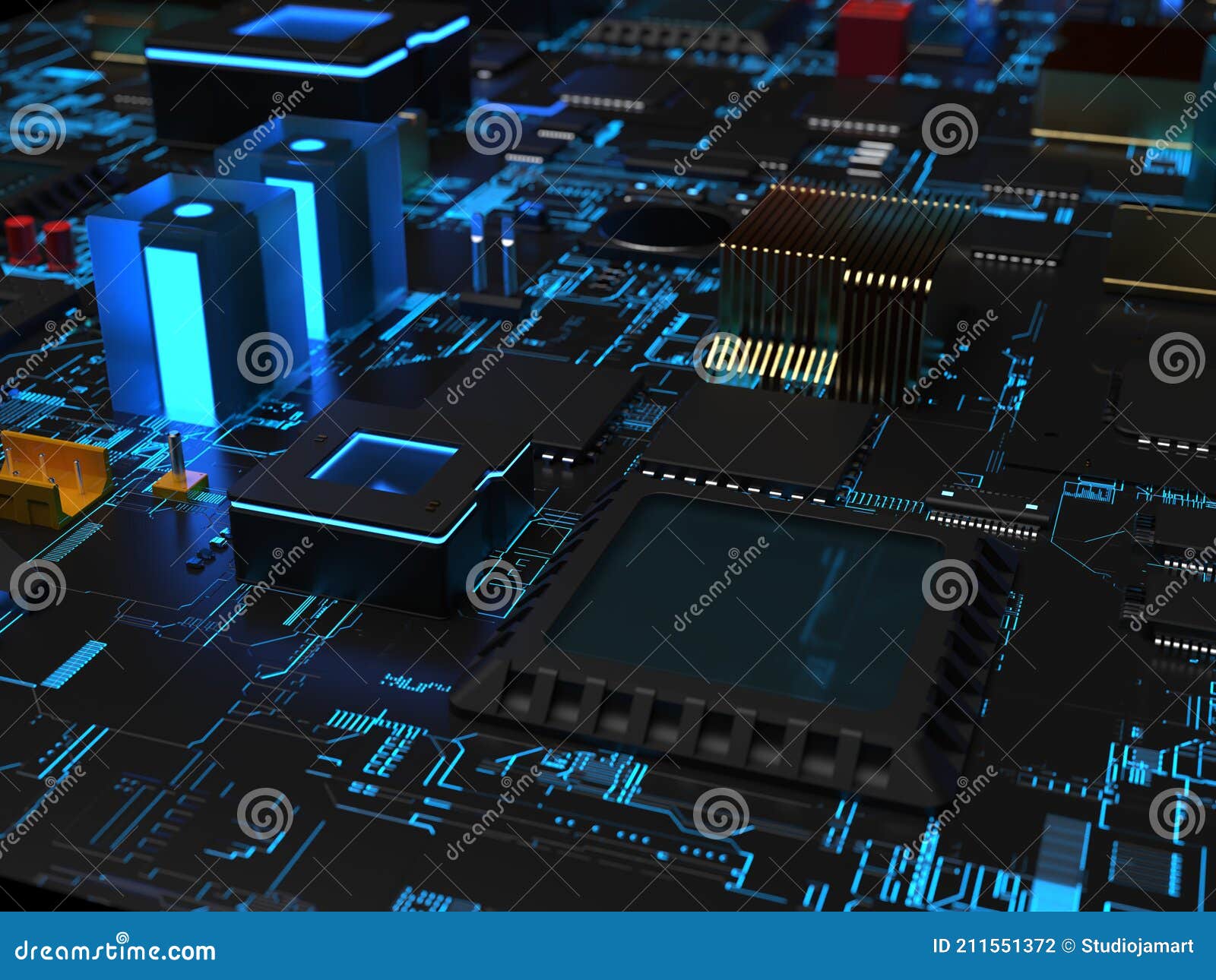 Different Parts Of The Computer Chips And Transistors In Blue Backlight ...