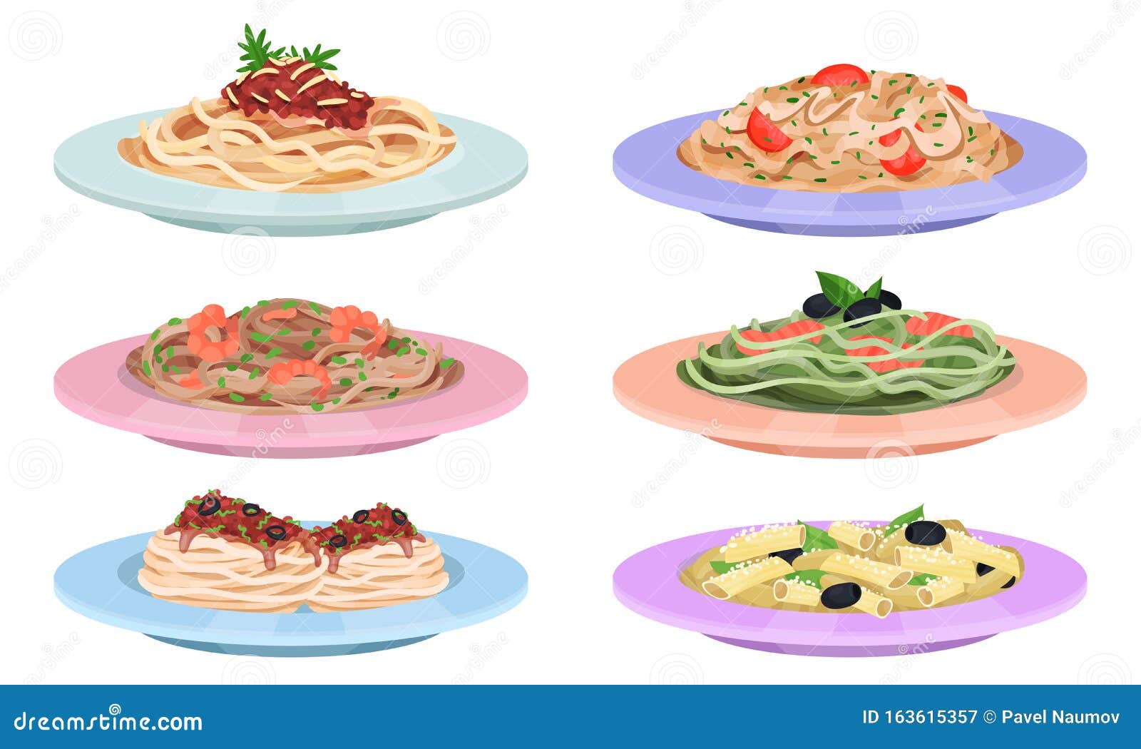 Different Pasta Dishes Served on Flat Plates Vector Set Stock Vector ...