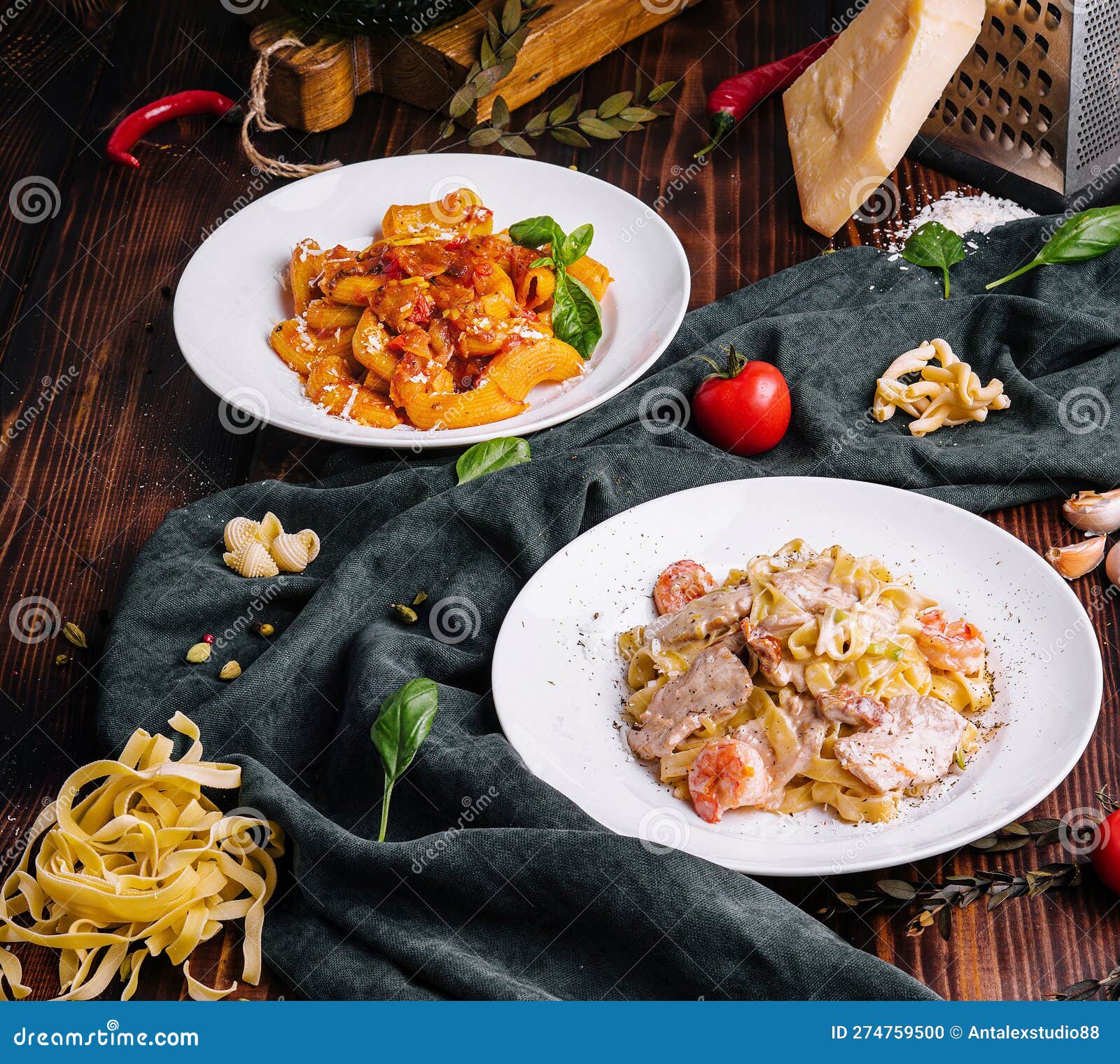 Different Pasta Dishes on Wooden with Fabric Background Stock Photo ...